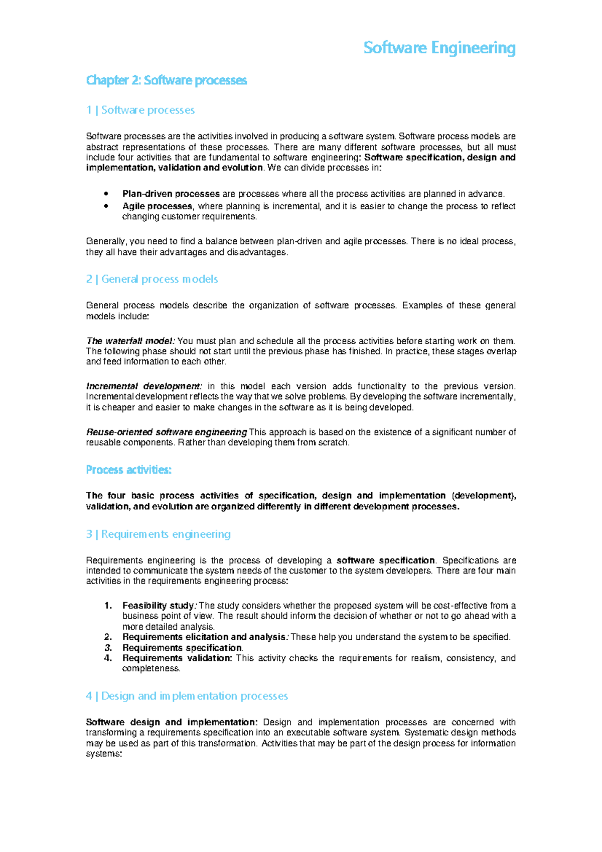 Software Engineering - Chapter 2 - Software process models are abstract representations of these ...