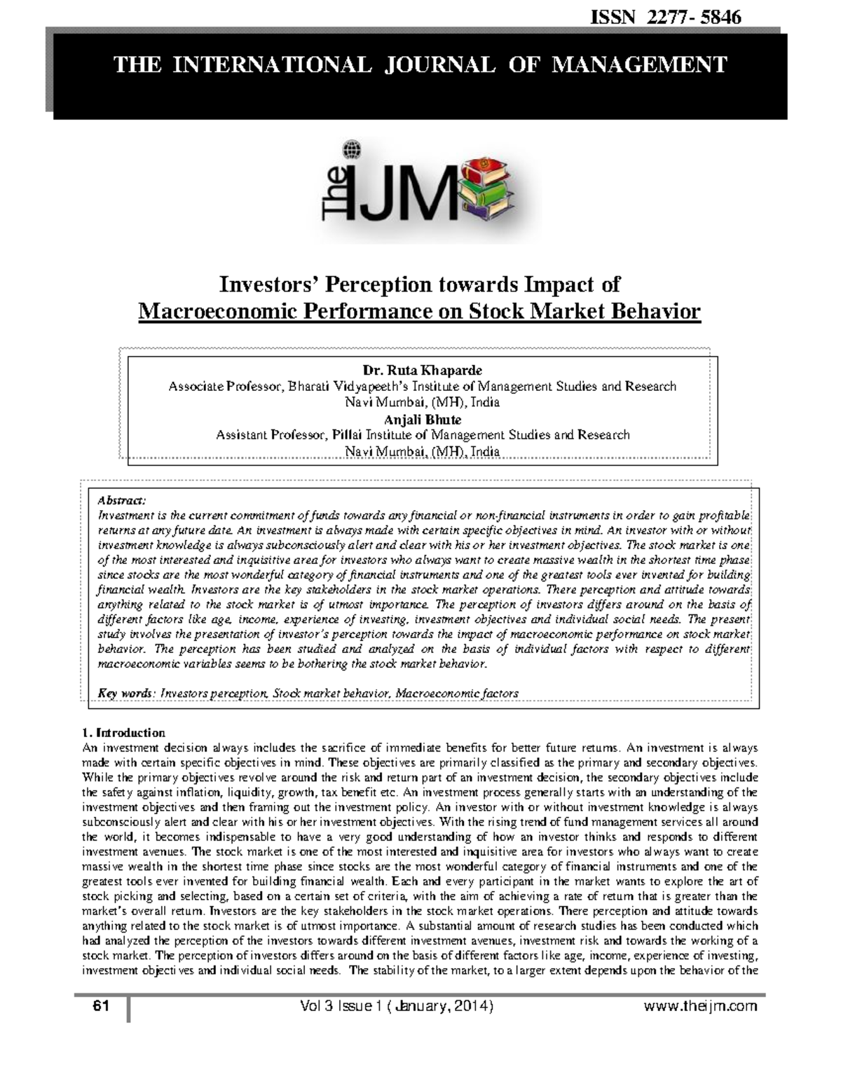 Investor perception - Lecture notes 1 - ISSN 2277- 5846 The ...