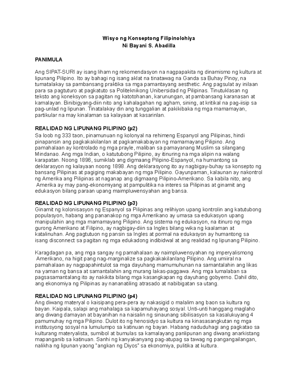 Babasahin 1 notes - Wisyo ng Konseptong Filipinolohiya Ni Bayani S ...