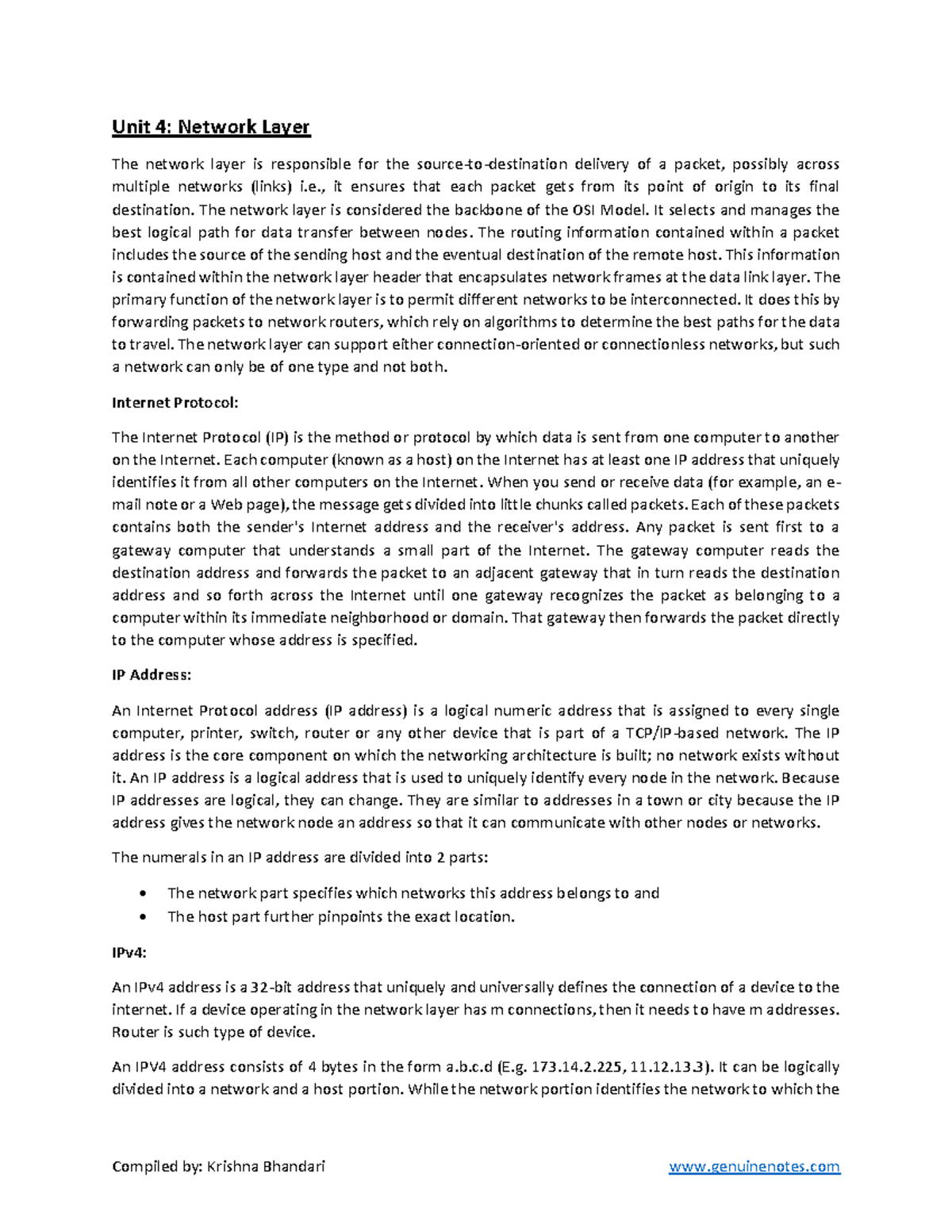 Unit 4 Network Layer Notes Full Unit 4 Network Layer The Network