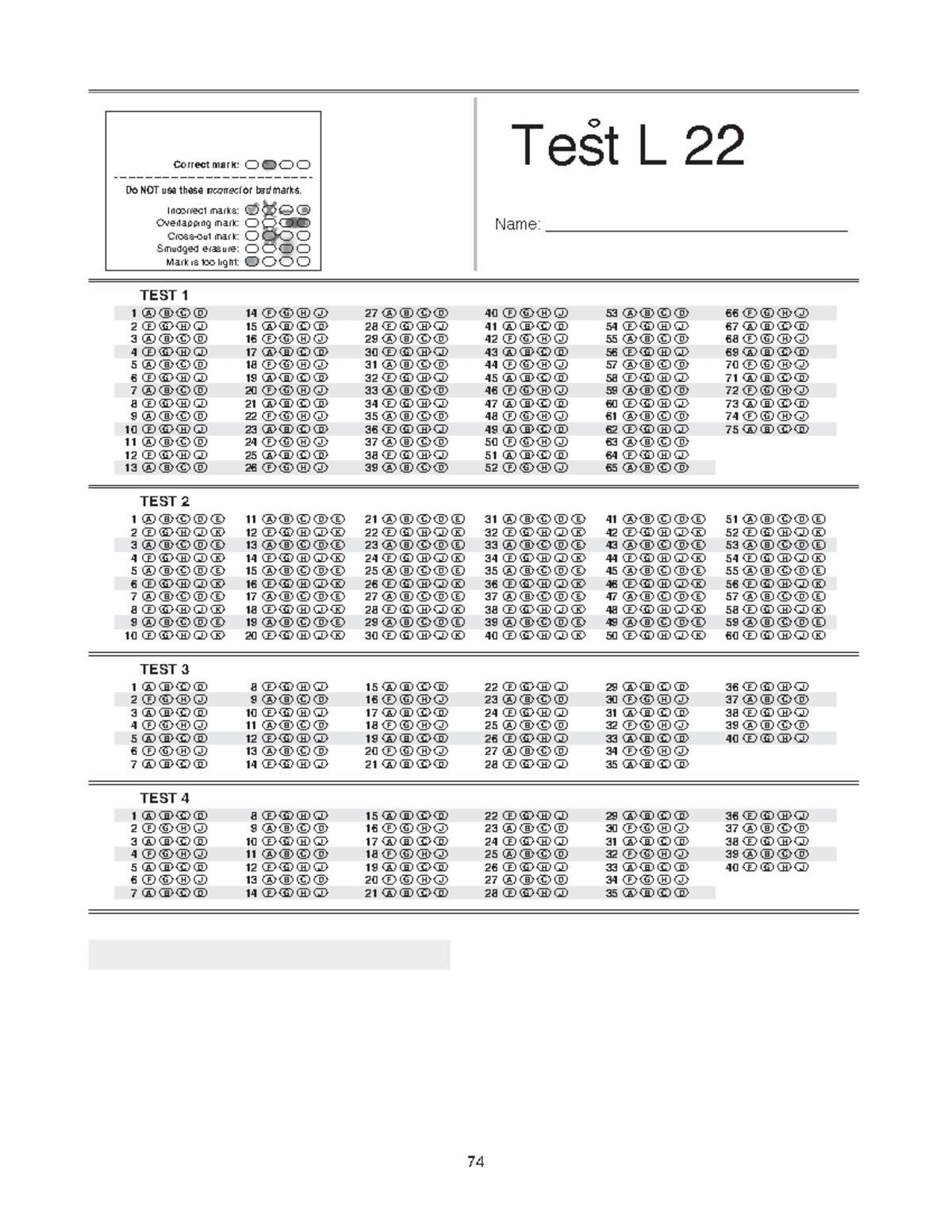 ACT Scantron L22 - act test - 74 56C 56E 58 A 59A 60A 60D 62A 62C 62D ...
