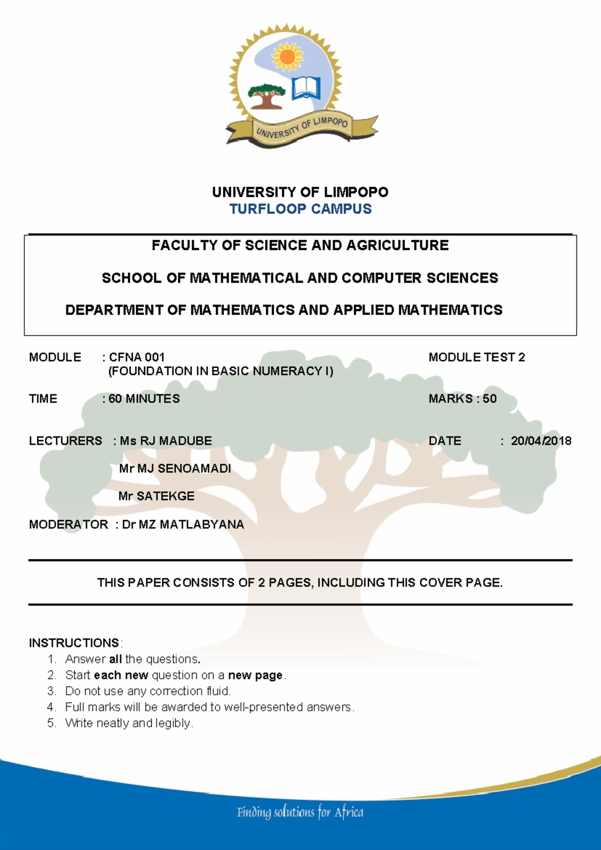 Test 2-2018 - TEST 2 2018 - UNIVERSITY OF LIMPOPO TURFLOOP CAMPUS ...