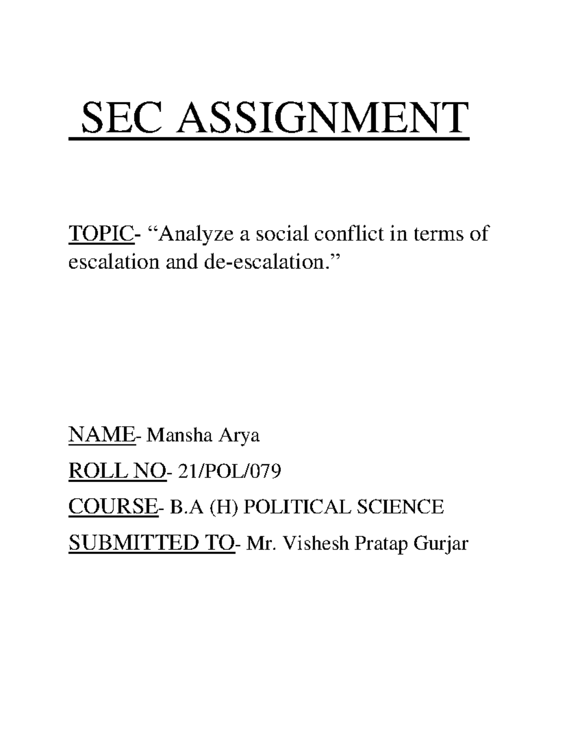 SEC Assignment - peace and conflict resolution - SEC ASSIGNMENT TOPIC ...