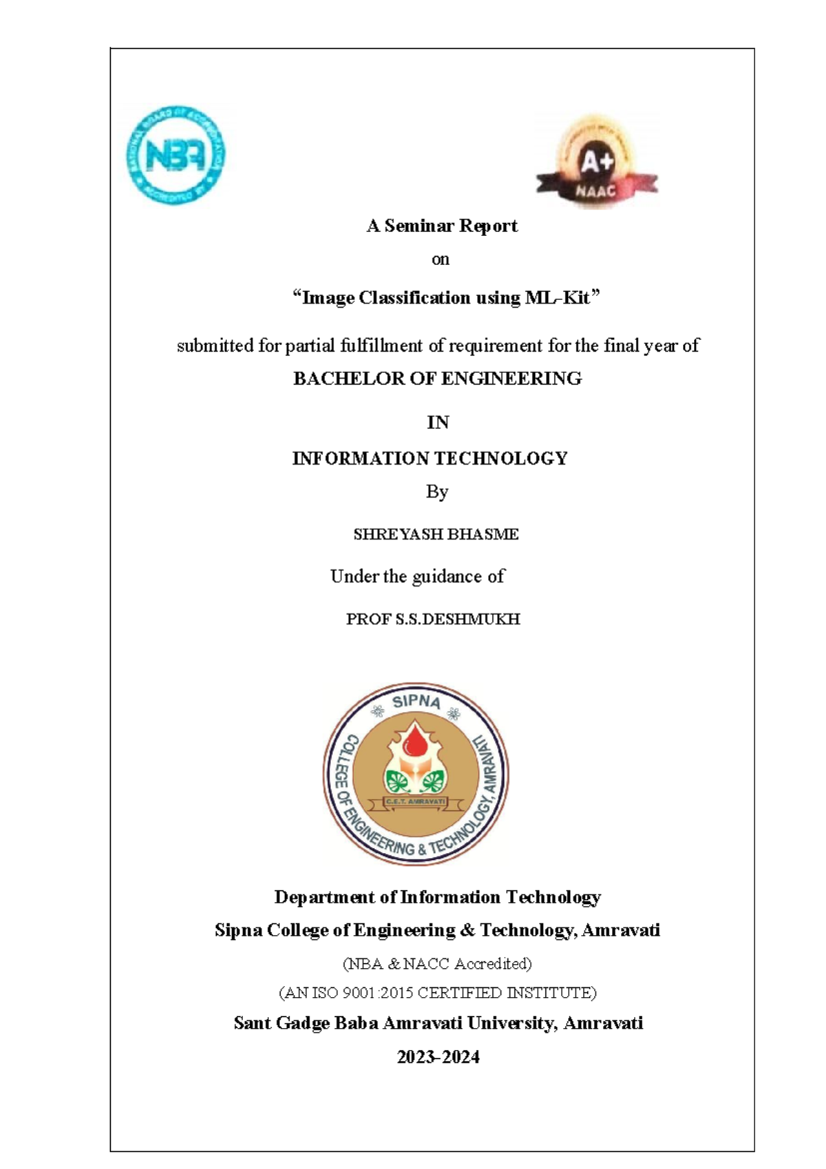 Image classification using ML Kit report - A Seminar Report on “Image ...