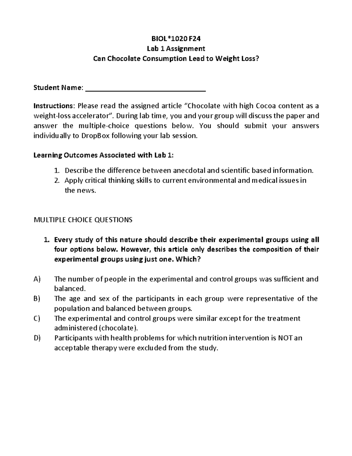 F24 BIOL 1020 Lab 1 - Lab 1 - BIOL*1020 F2 4 Lab 1 Assignment Can ...