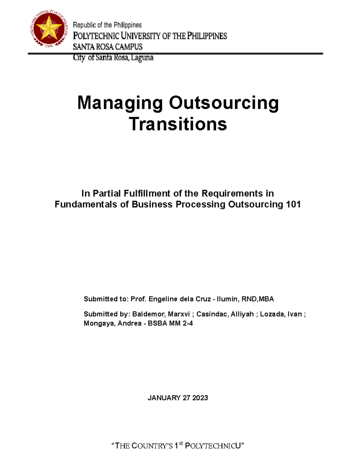 Group 9 ( Written Report) - Managing Outsourcing Transitions In Partial ...
