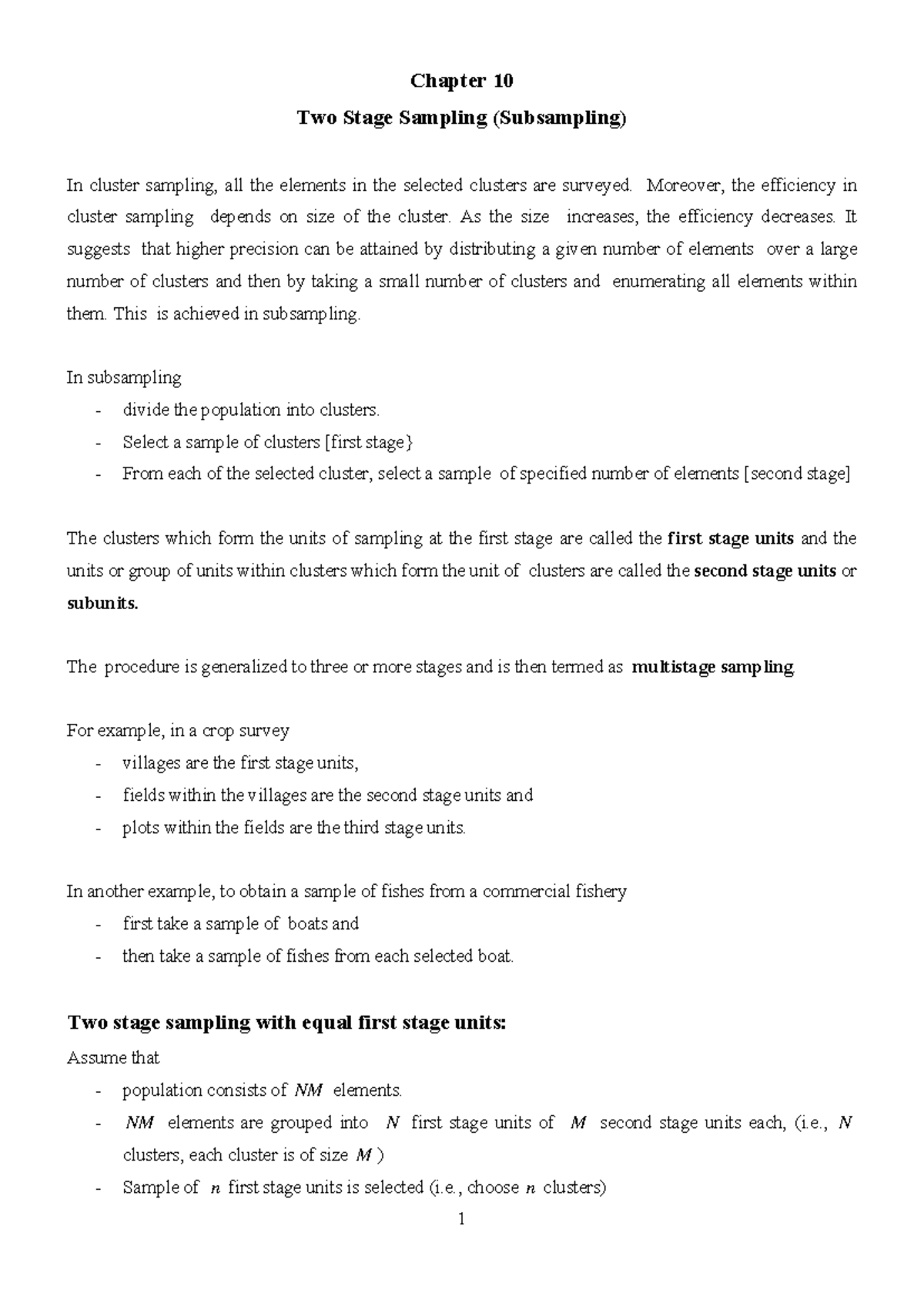 Chapter 10 Sampling Two Stage Sampling Chapter 10 Two Stage Sampling Subsampling In Cluster