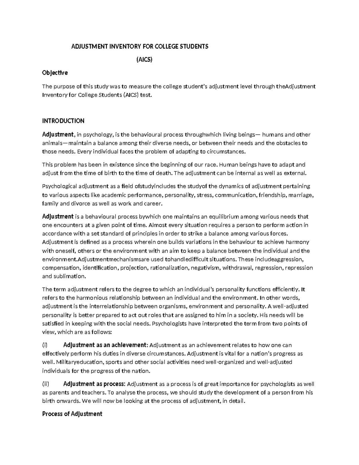Adjustment - ADJUSTMENT INVENTORY FOR COLLEGE STUDENTS (AICS) Objective ...