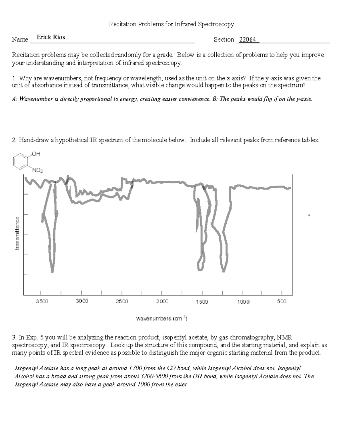 Recitation for IR Spectroscopy - Recitation Problems for Infrared Spectroscopy Name - Studocu