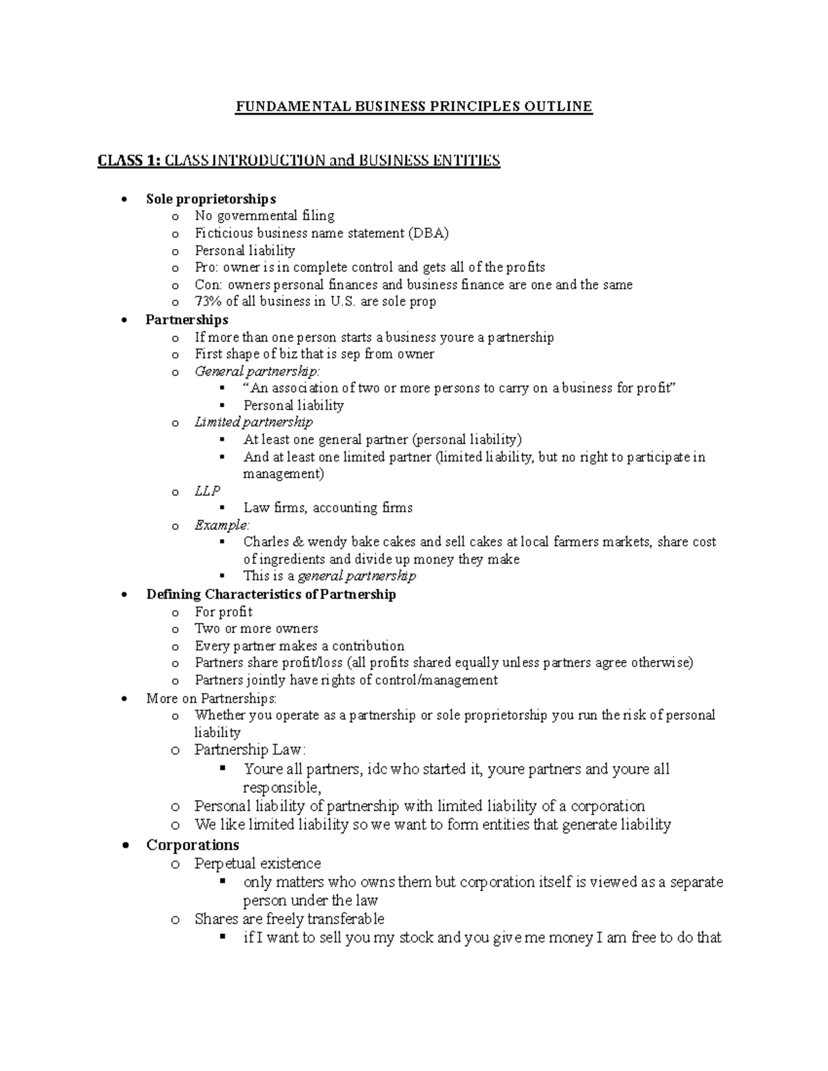 FBP Final Notes - FUNDAMENTAL BUSINESS PRINCIPLES OUTLINE CLASS 1 ...