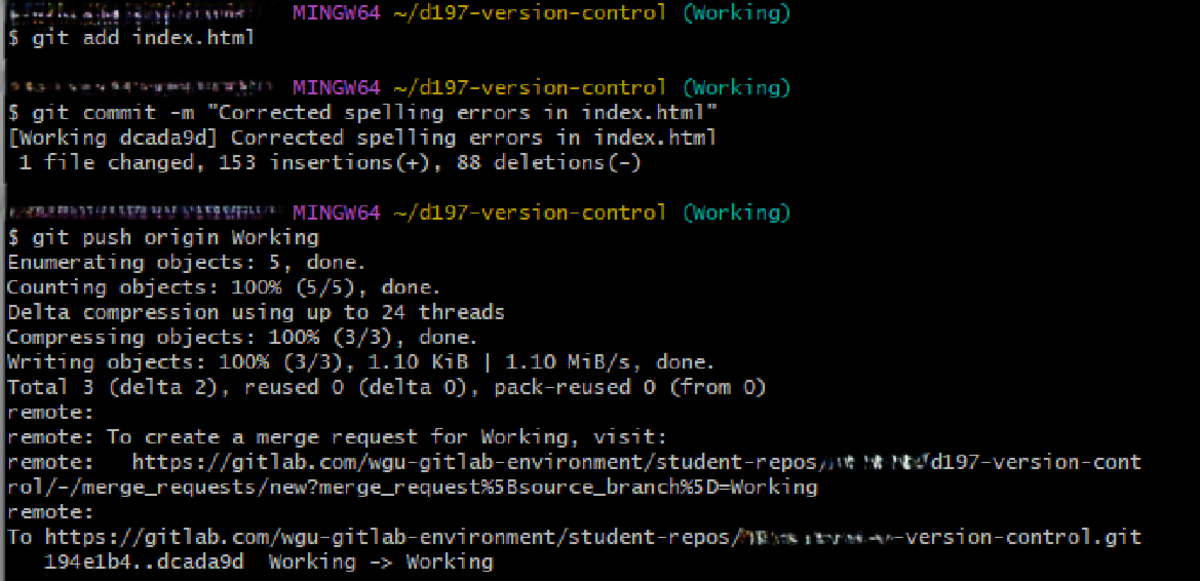 Step C - First Change - step c - MINGW64 (Working) git add index MINGW64 (Working) git commit ...