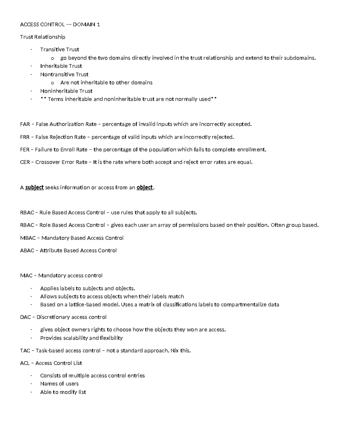 C845 SSCP Notes for Study - ACCESS CONTROL - DOMAIN 1 Trust ...