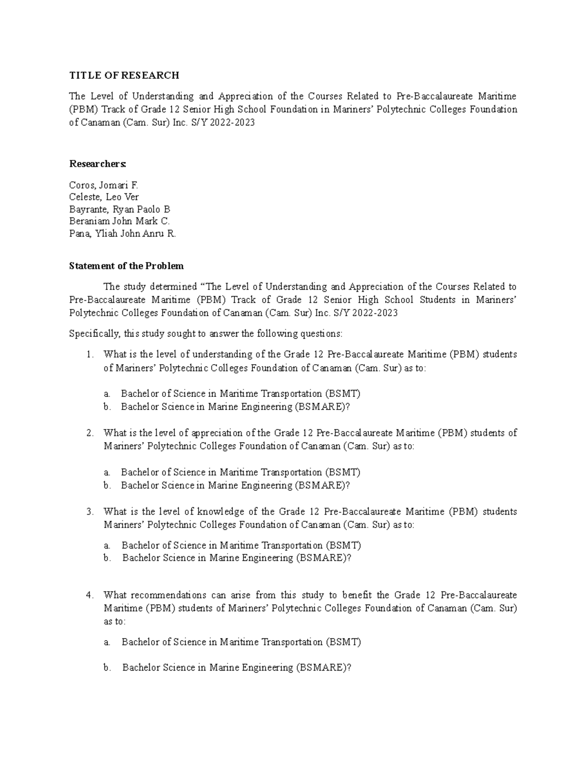 Opsci Research Presentation - TITLE OF RESEARCH The Level of ...