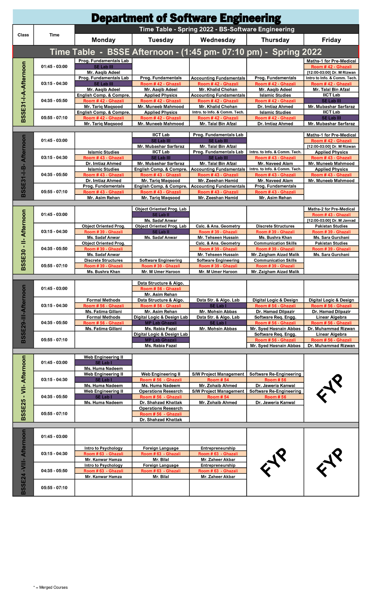 Afternoon Timetable-SE Department-21st Feb 2022 - Monday Tuesday ...