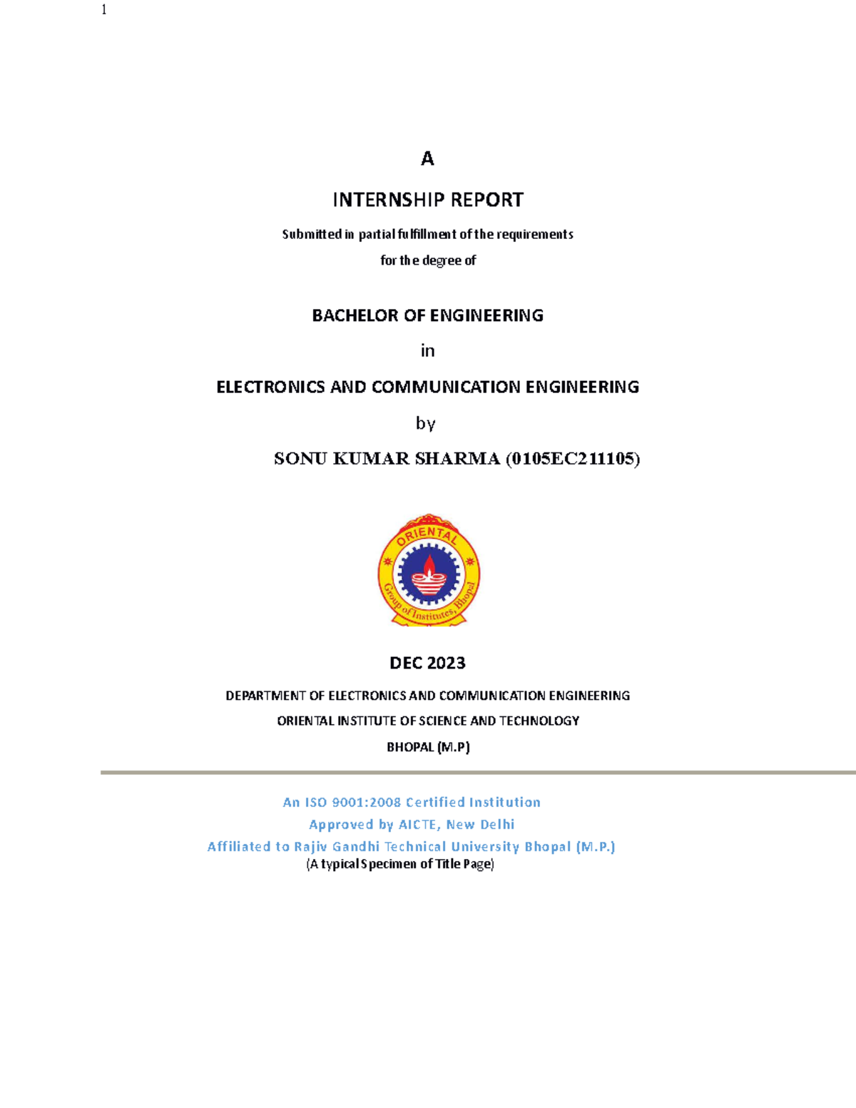 Internship Report sample 6 - 1 A INTERNSHIP REPORT Submitted in partial ...