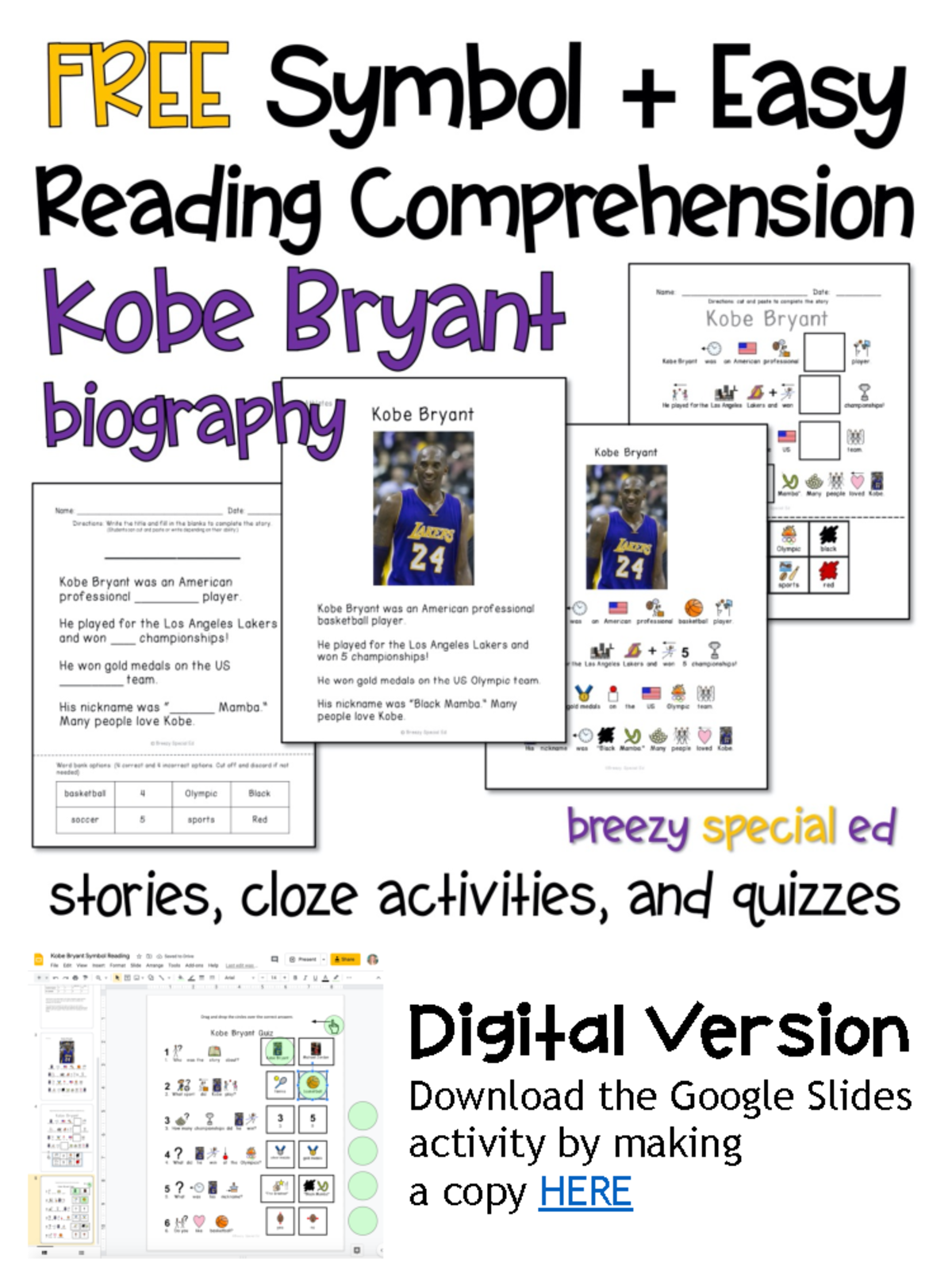 Kobe Bryant Symbol Supported Easy Reading Comprehensionfor Special Ed-2 ...