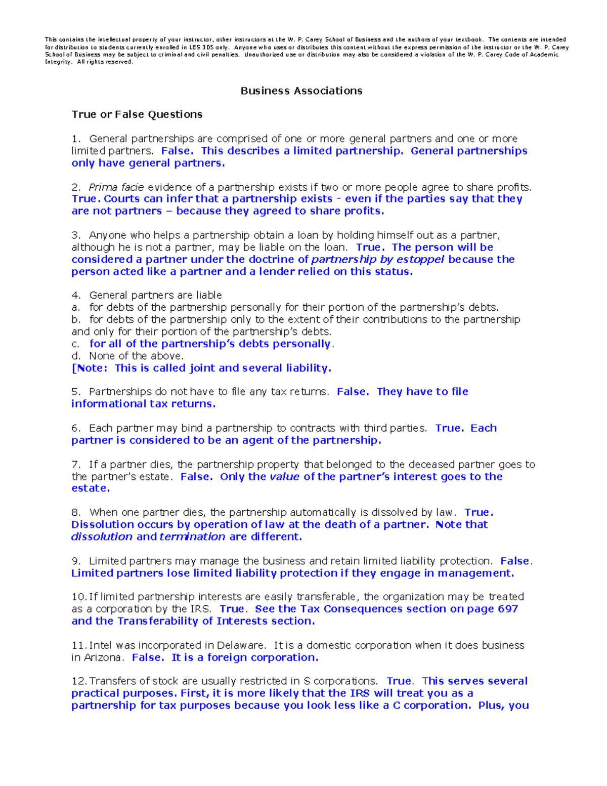 Business Associations True or False Questions - Studocu