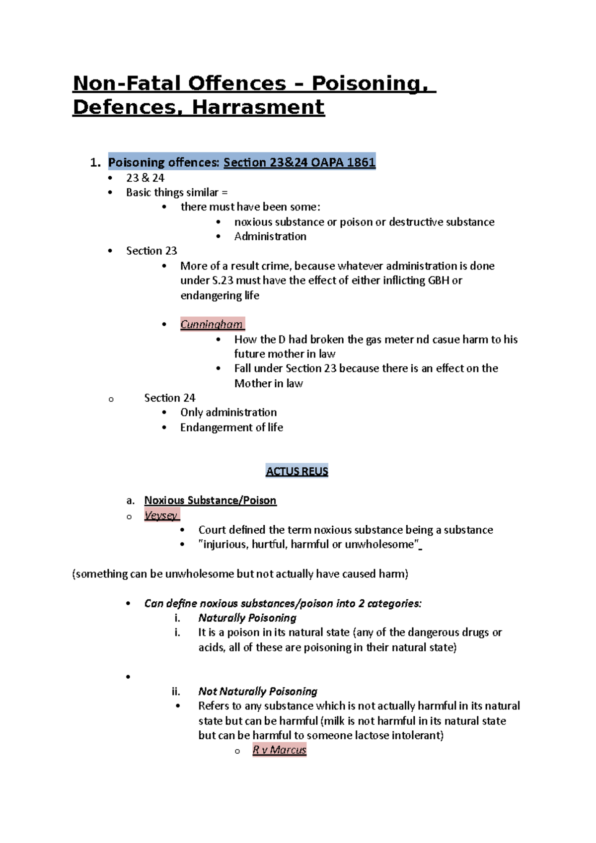 Criminal Law (Non-Fatal Offences – Poisoning, Defences, Harrasment) - Non-Fatal Offences – - Studocu