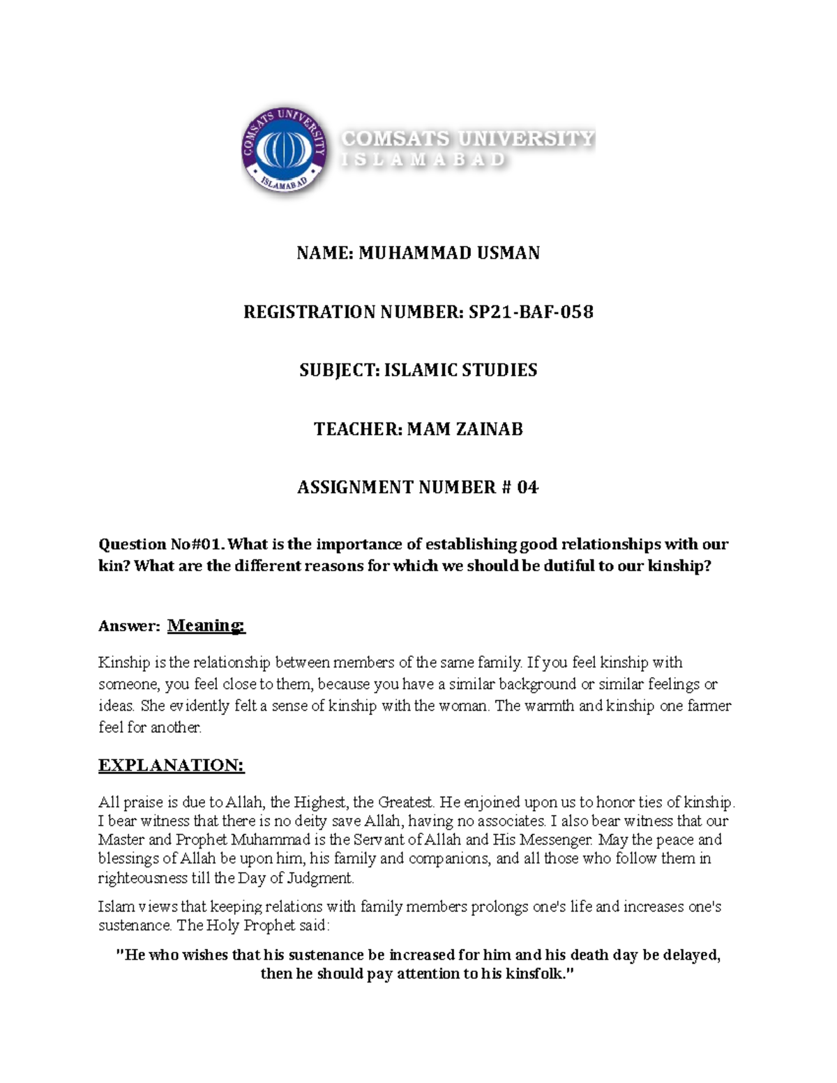 Assignment. Islamic Studies 2 - NAME: MUHAMMAD USMAN REGISTRATION ...