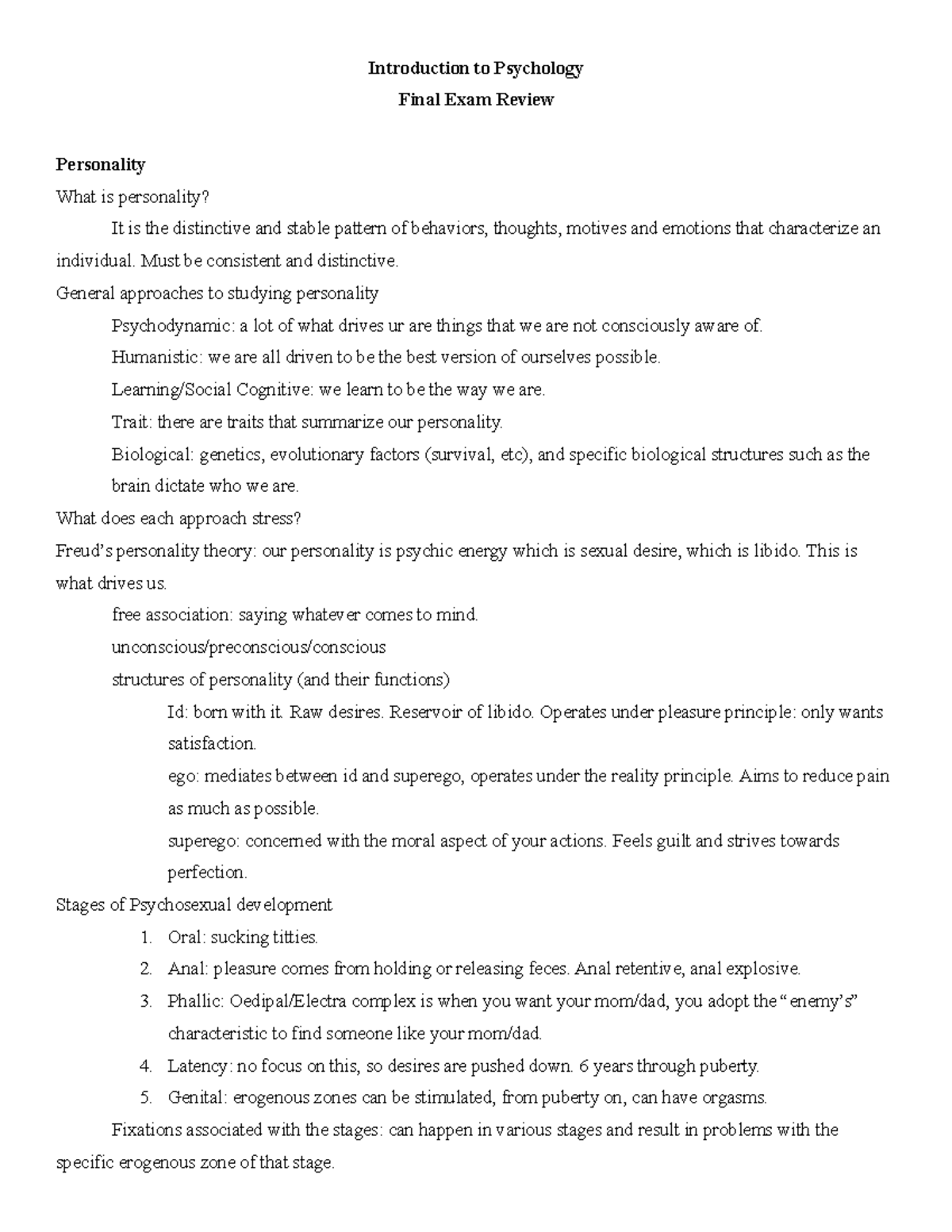 PSY100 Final Exam Review - Introduction to Psychology Final Exam Review Personality What is ...