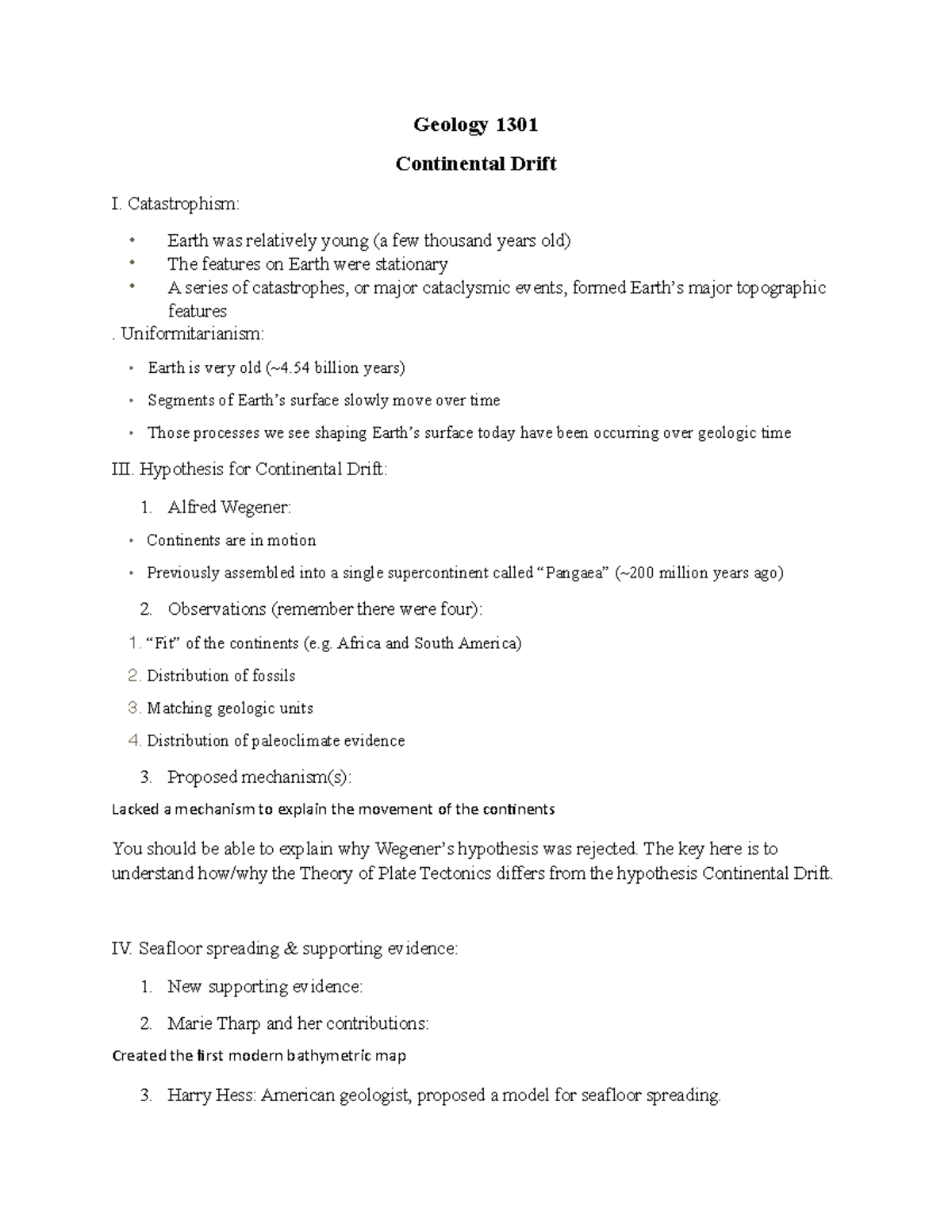 Continental Drift Lecture notes - Geology 1301 Continental Drift I ...
