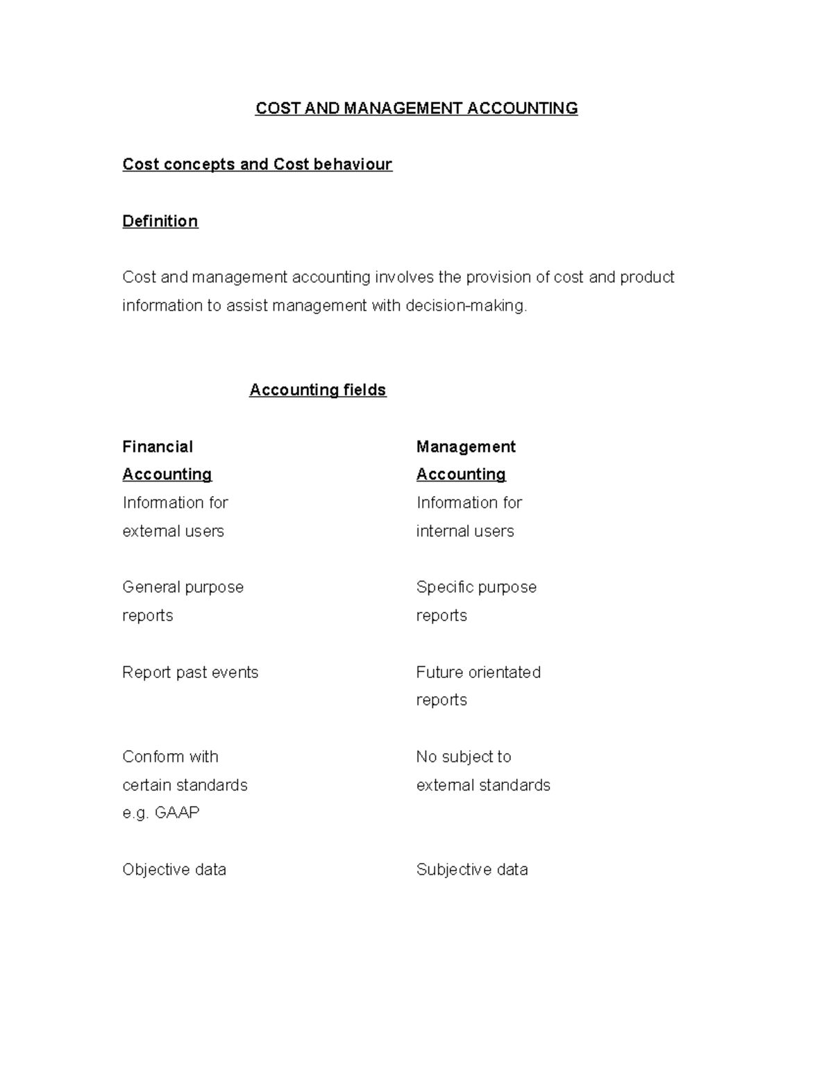 Introduction to CMA - COST AND MANAGEMENT ACCOUNTING Cost concepts and ...