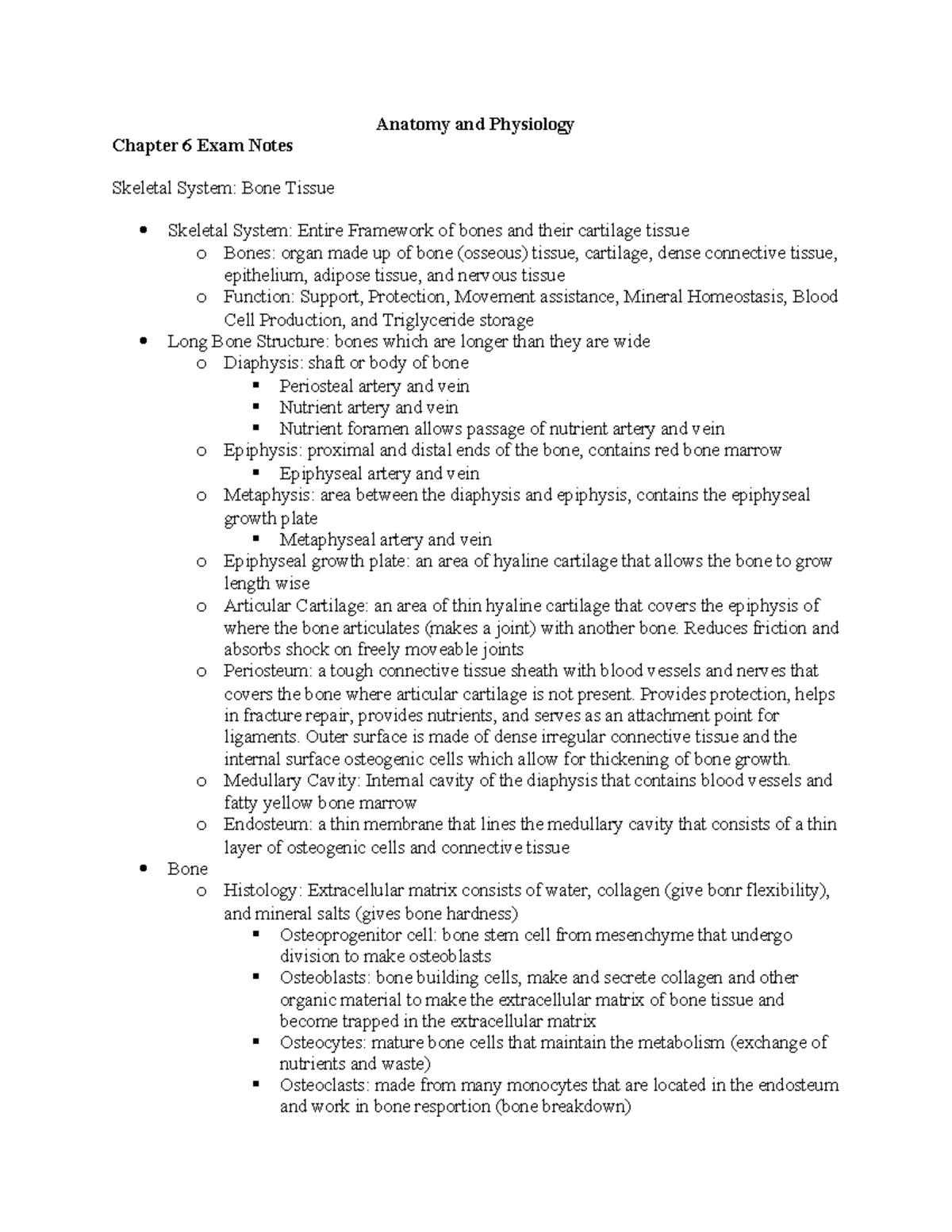 Chapter 6 Exam Notes - Summary Anatomy and Physiology I - Anatomy and ...