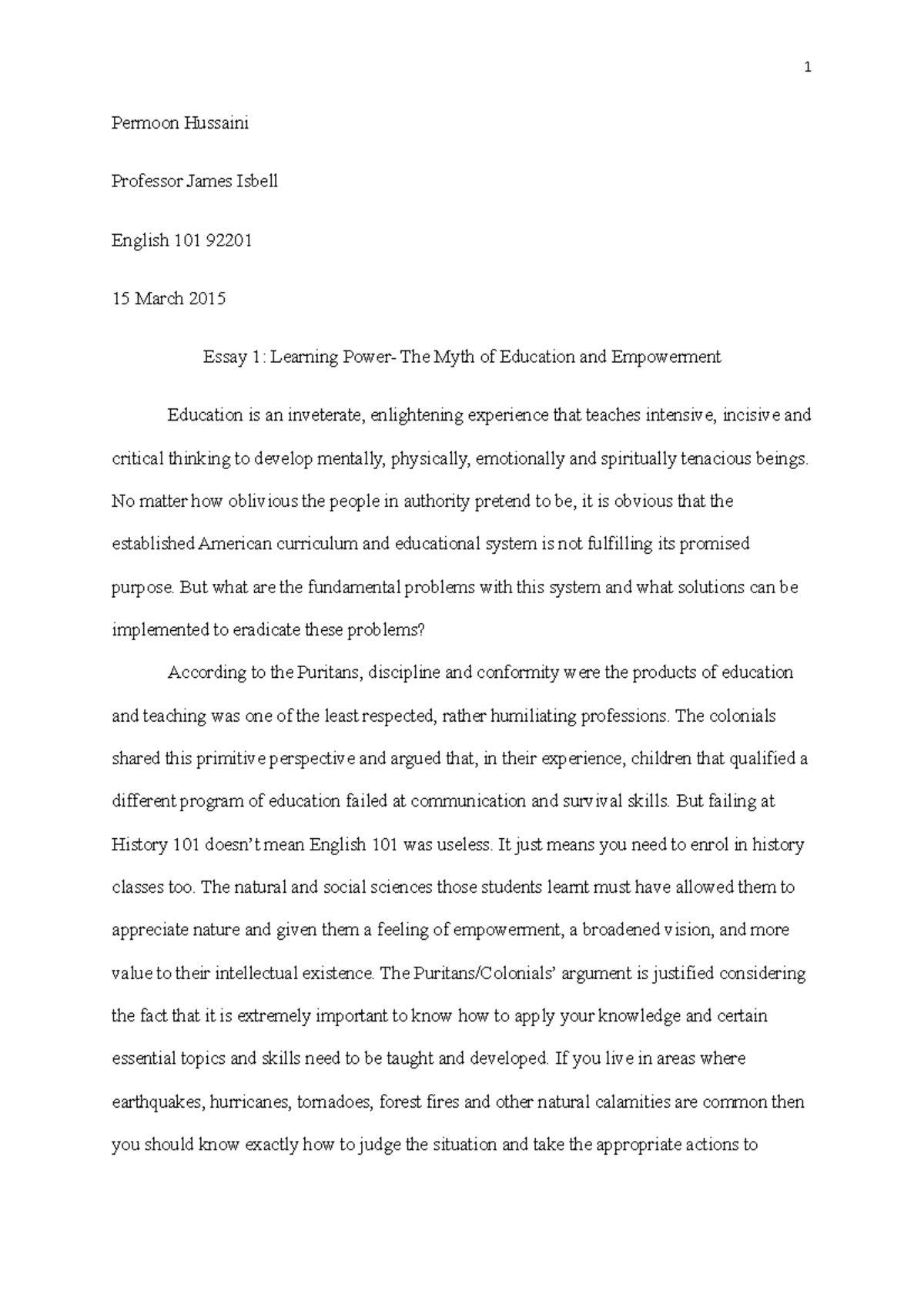 Essay 1 Rough Draft 1 - English Composition - Permoon Hussaini ...