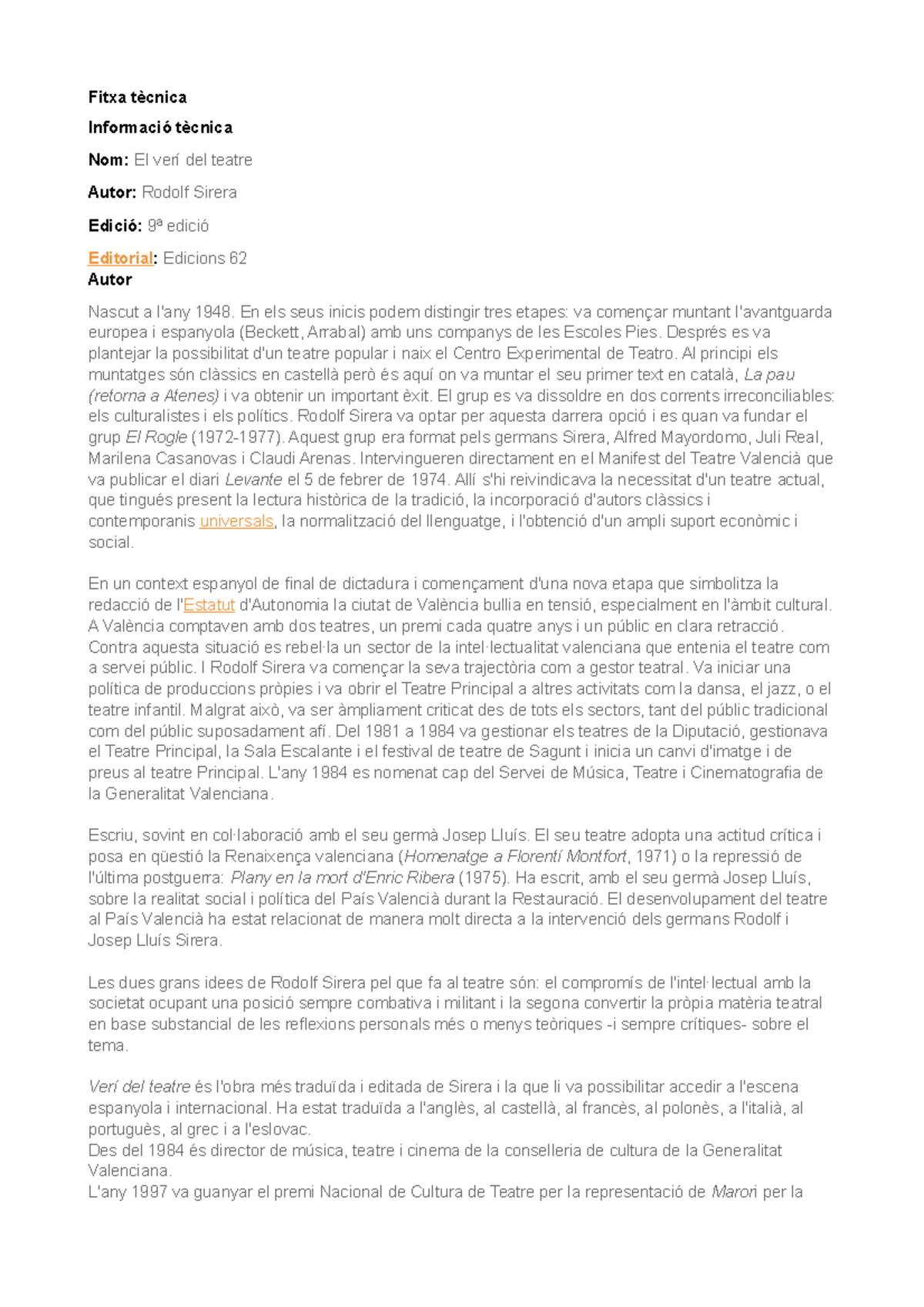Pdfcoffee - Fitxa tècnica Informació tècnica Nom: El verí del teatre Autor: Rodolf Sirera Edició ...