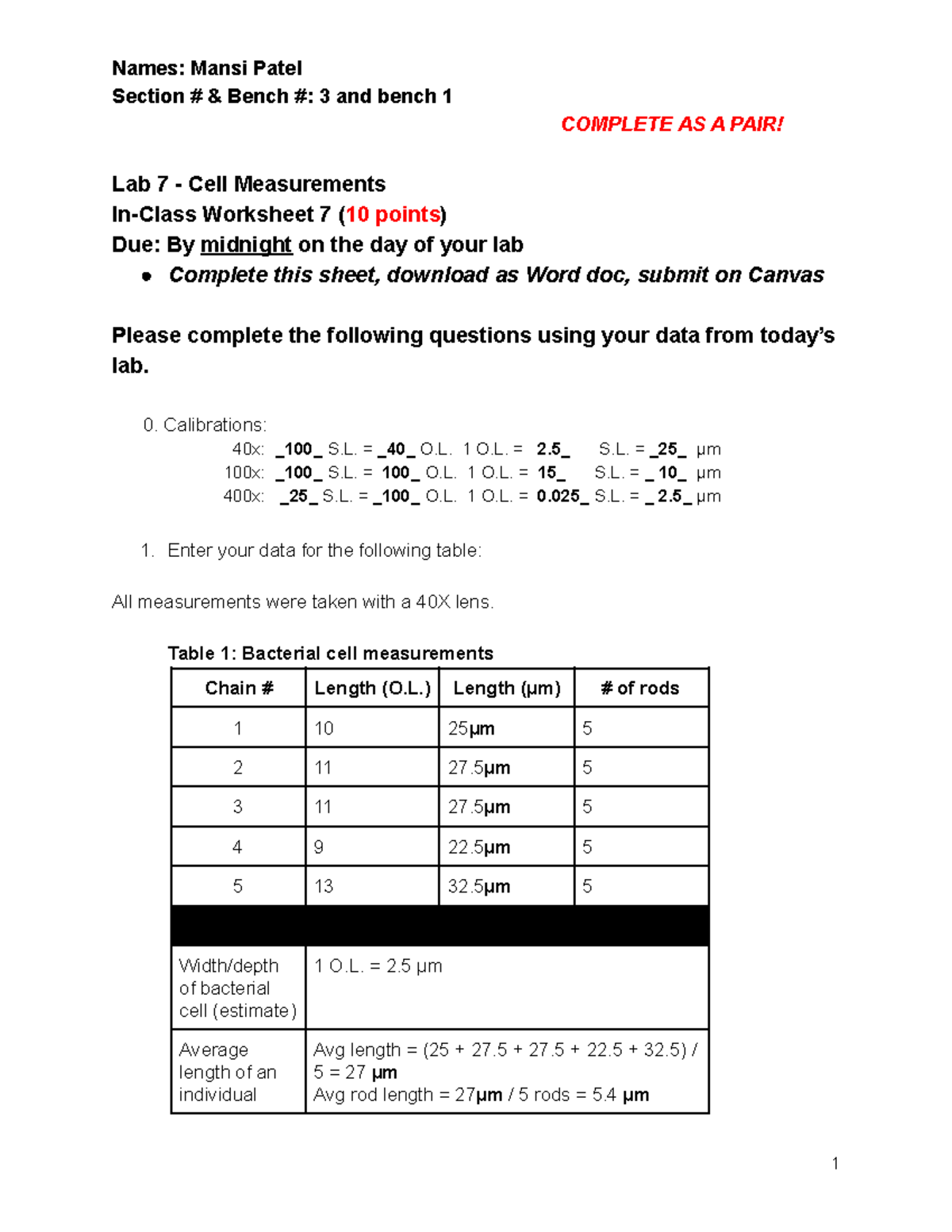 Copy of In-Class Worksheet 7 - Cell Measurements - Section # & Bench ...