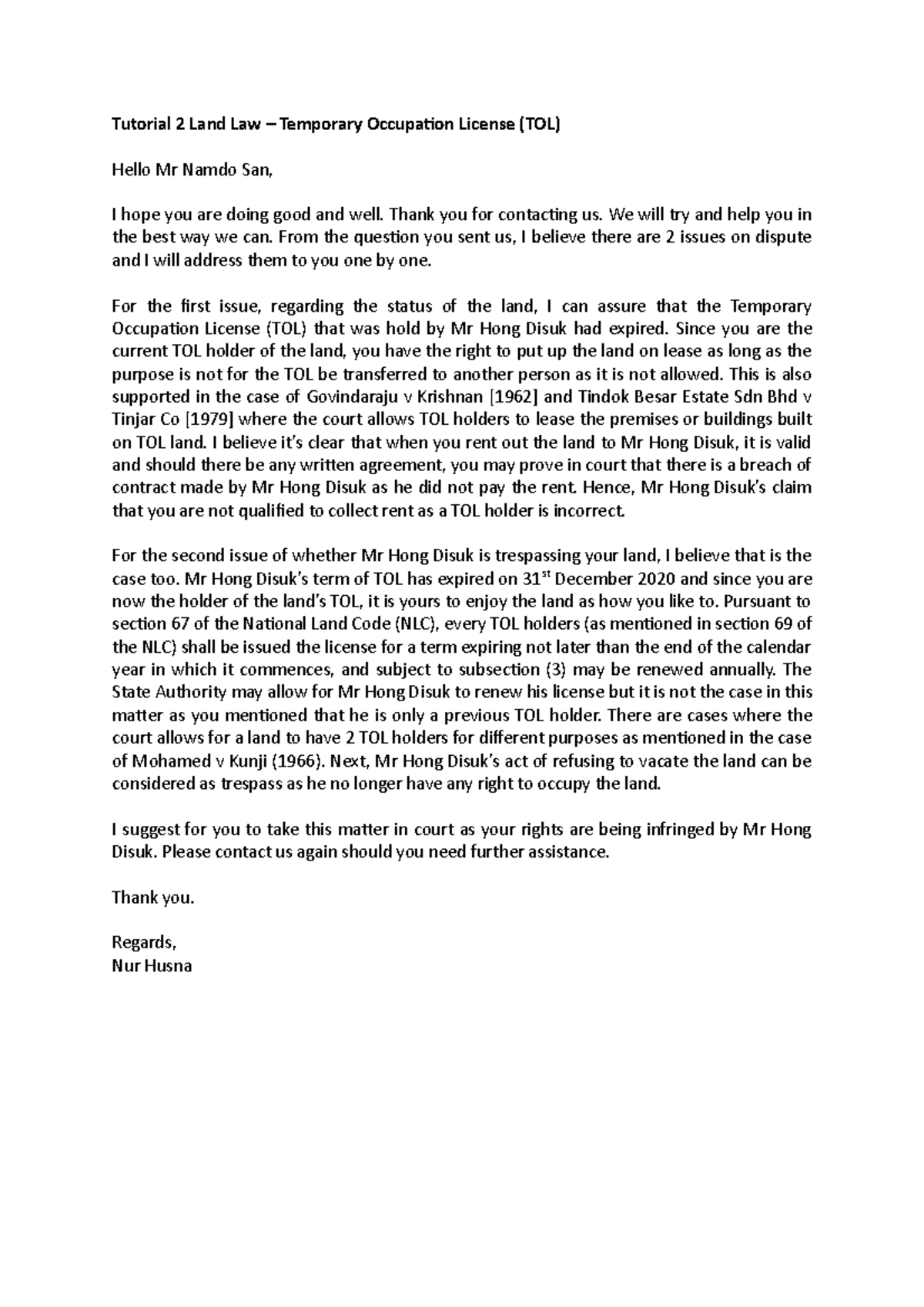 Tutorial 2 Land Law for discussion third year - Tutorial 2 Land Law ...