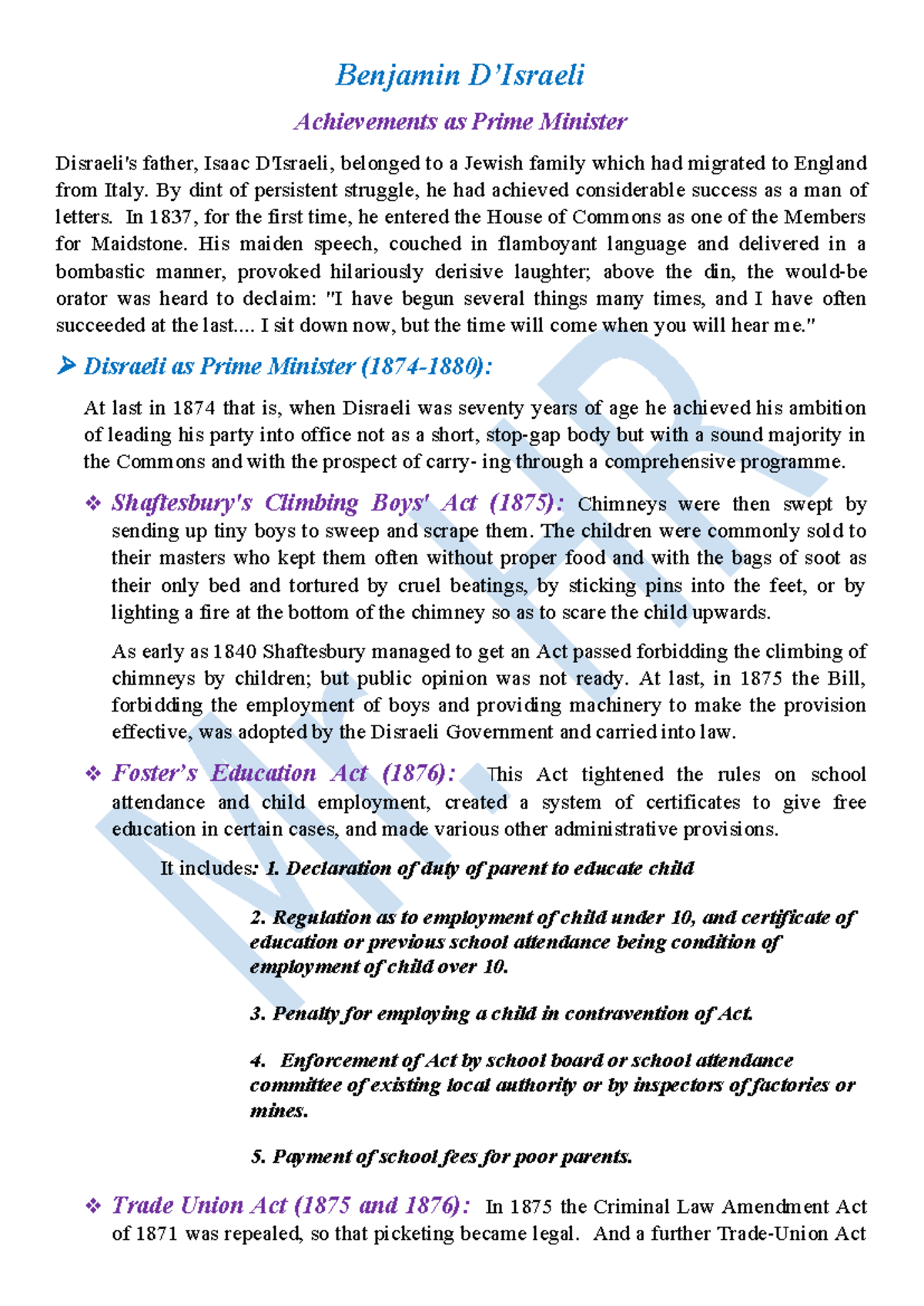 Benjamin D’Israeli: Achievements as Prime Minister. - Benjamin D ...