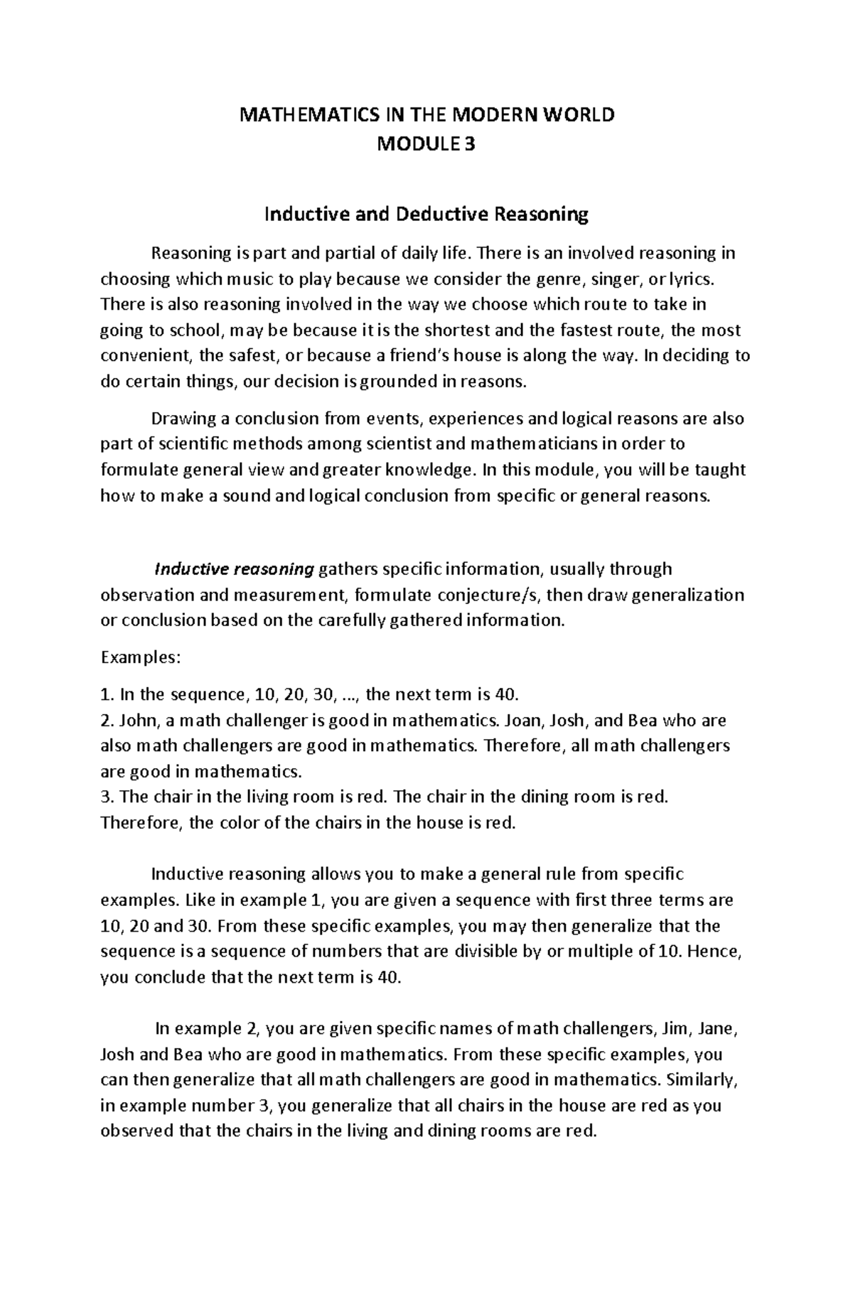 Midterm Module 1 Inductive and Deductive Reasoning - MATHEMATICS IN THE ...