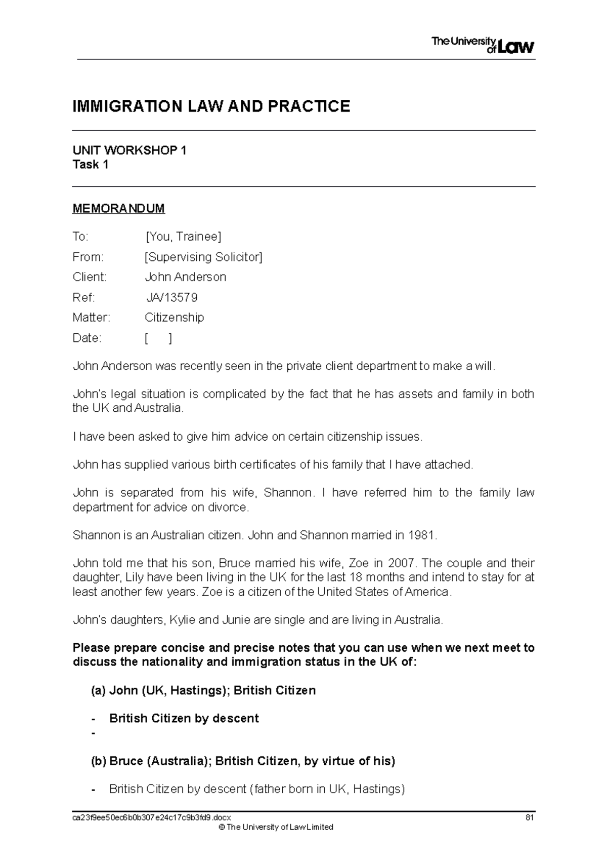 WS1 - Task 1 - Immigration - IMMIGRATION LAW AND PRACTICE UNIT WORKSHOP ...