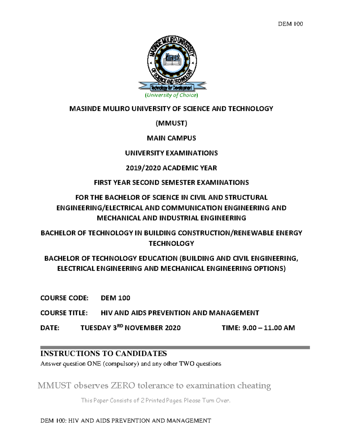 DEM 100 HIV AND AIDS Prevention AND Management - DEM 100 DEM 100: HIV ...