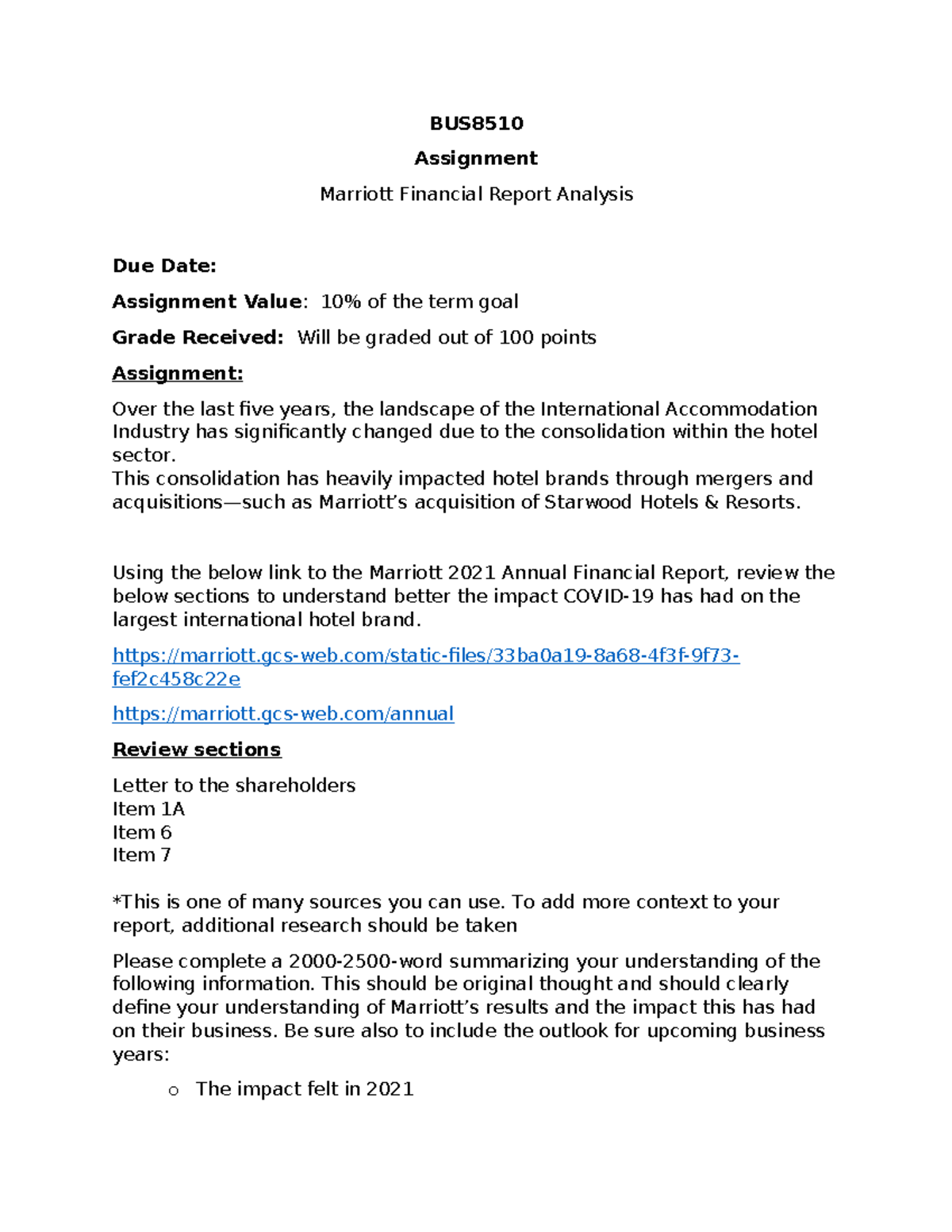 BUS8510 -Assignment - Marriott Financial Results Analysis - BUS ...