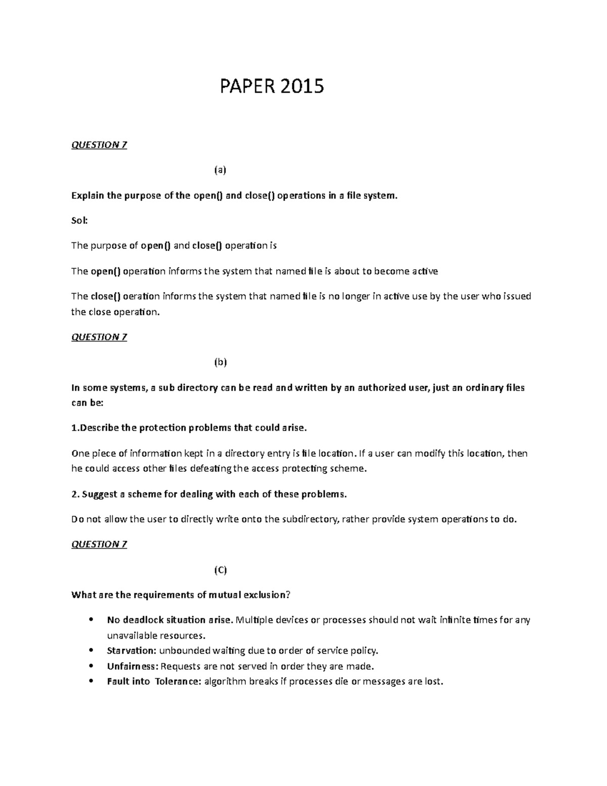 operating system past paper - PAPER 2015 QUESTION 7 (a) Explain the ...