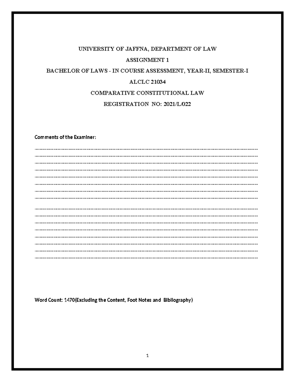 Comperative Constitutional Law Assignment 1 - UNIVERSITY OF JAFFNA ...