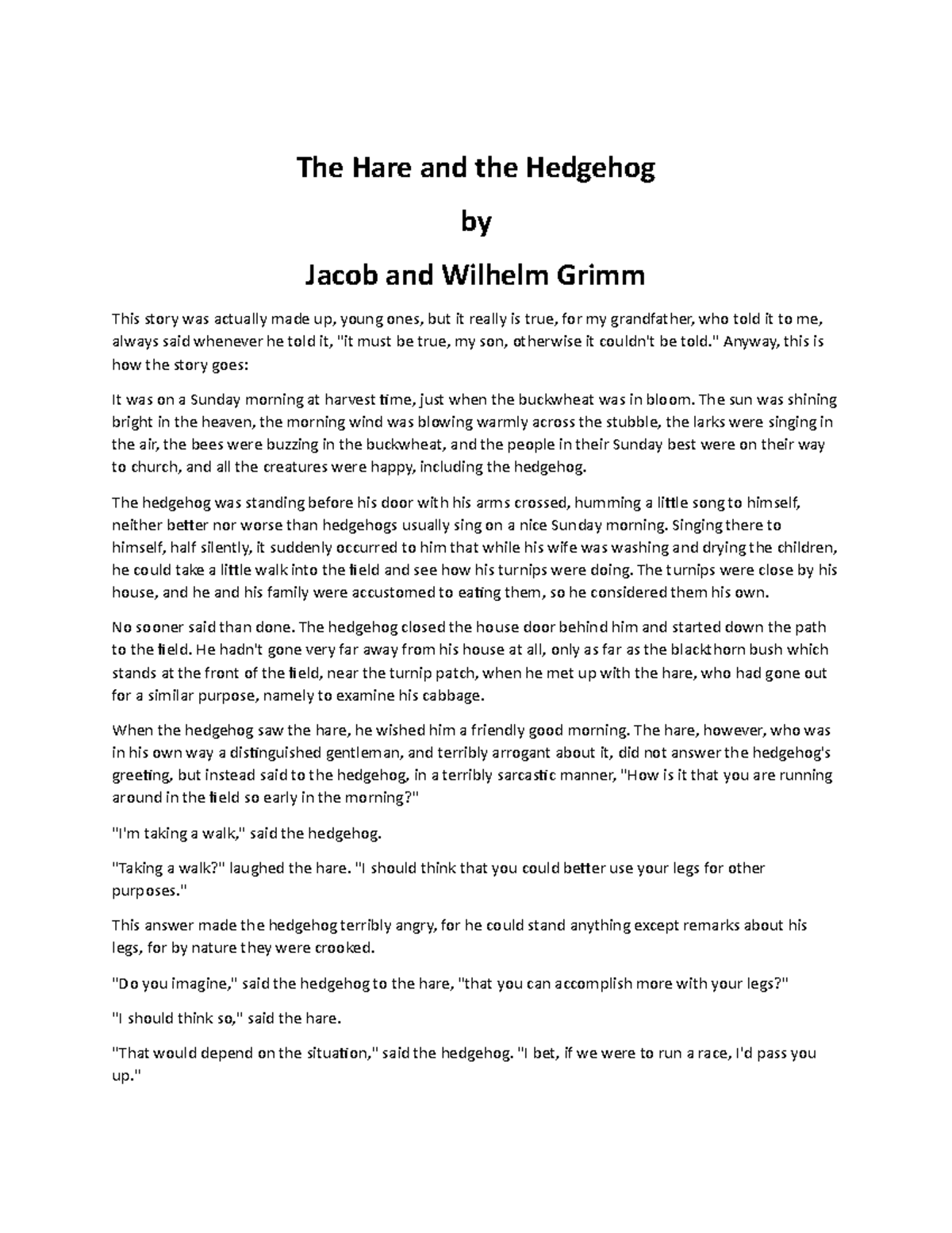 The Hare and the Hedgehog - The Hare and the Hedgehog by Jacob and ...