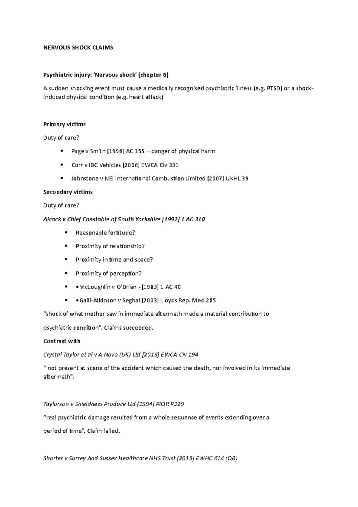 Nervous Shock Claims - Psychiatric injury - NERVOUS SHOCK CLAIMS ...