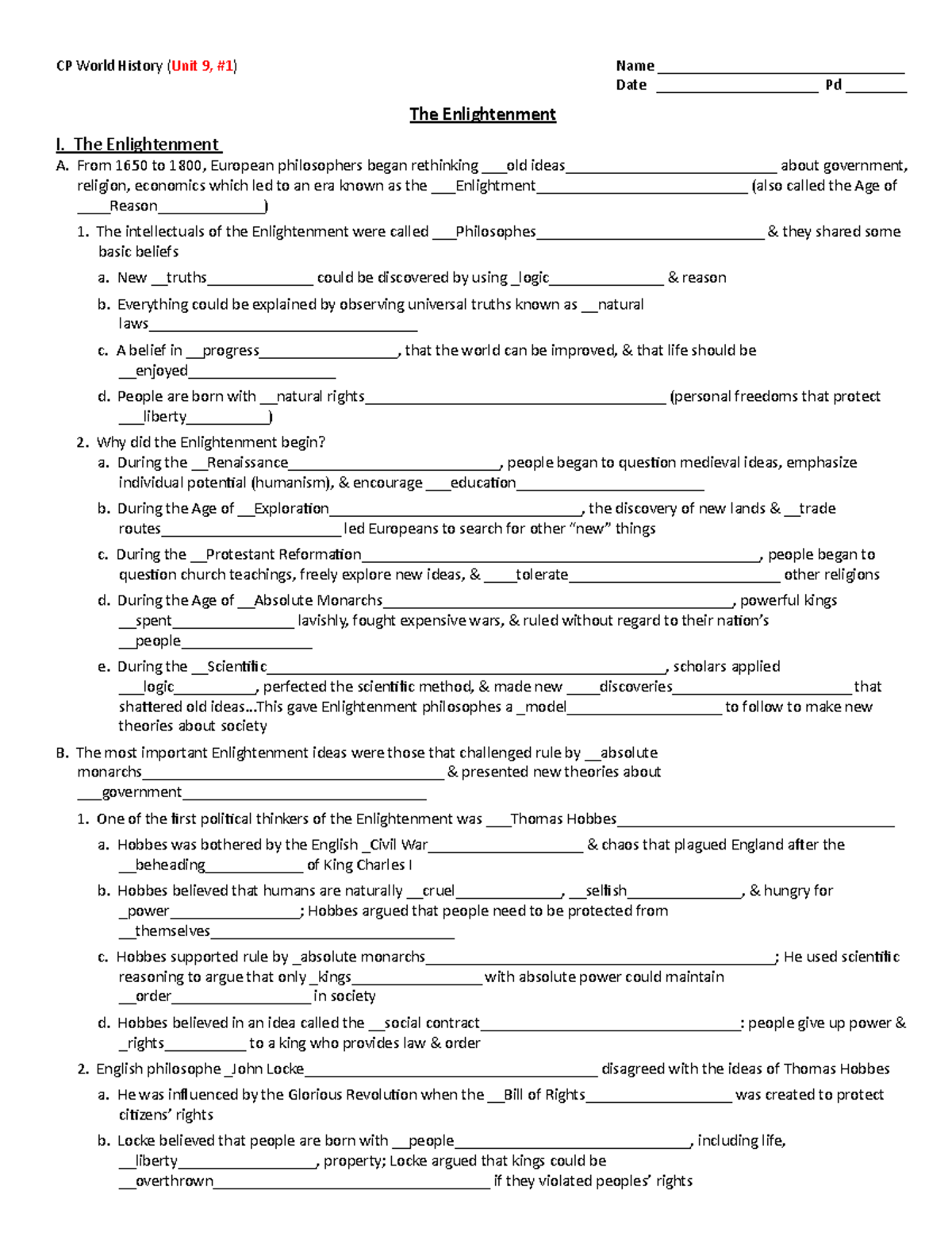 Enlightenment Japan Notes - CP World History (Unit 9, #1) Name
