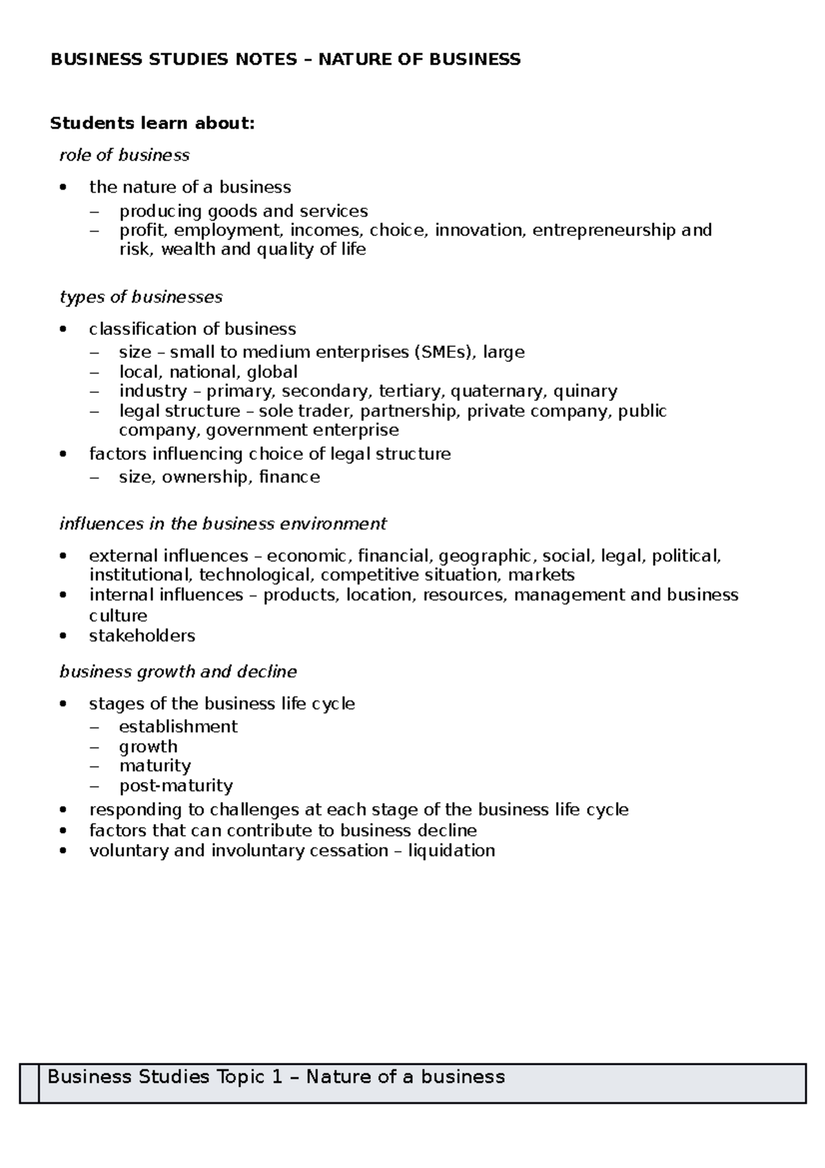 Business Studies Topic 1 prelim Notes - BUSINESS STUDIES NOTES – NATURE ...