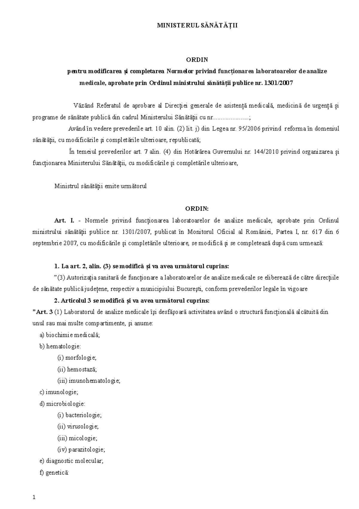 Ordin de modificare 1301 din 2007 - MINISTERUL SĂNĂTĂȚII ORDIN pentru ...