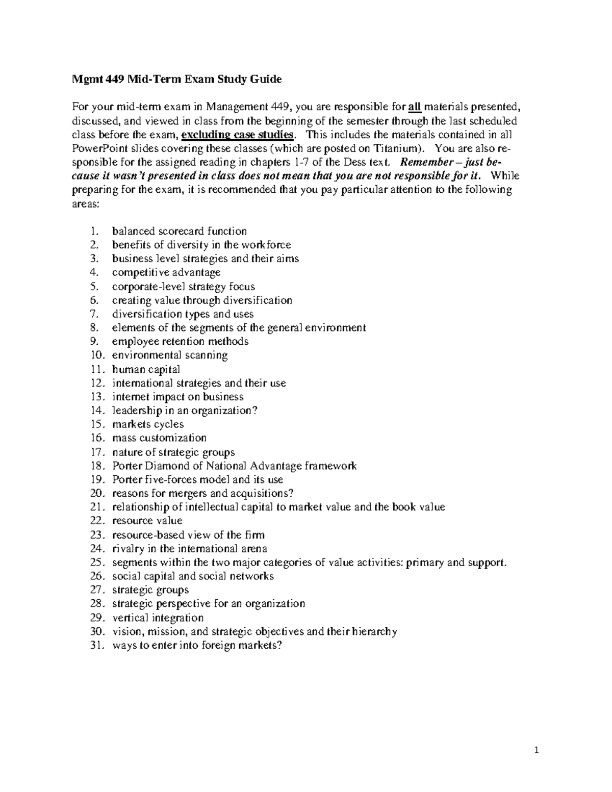 Mgmt449 FL18 MTstudy Guide - 1 Mgmt 449 Mid-Term Exam Study Guide For your mid-term exam in ...