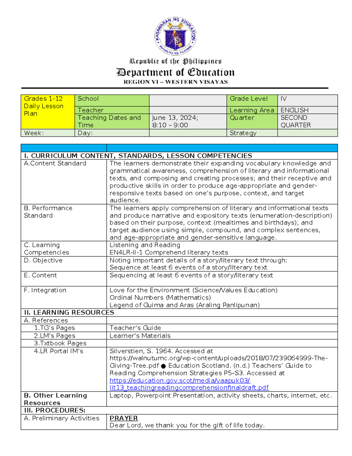 English 4 LP - Grades 1- Daily Lesson Plan School Grade Level IV ...