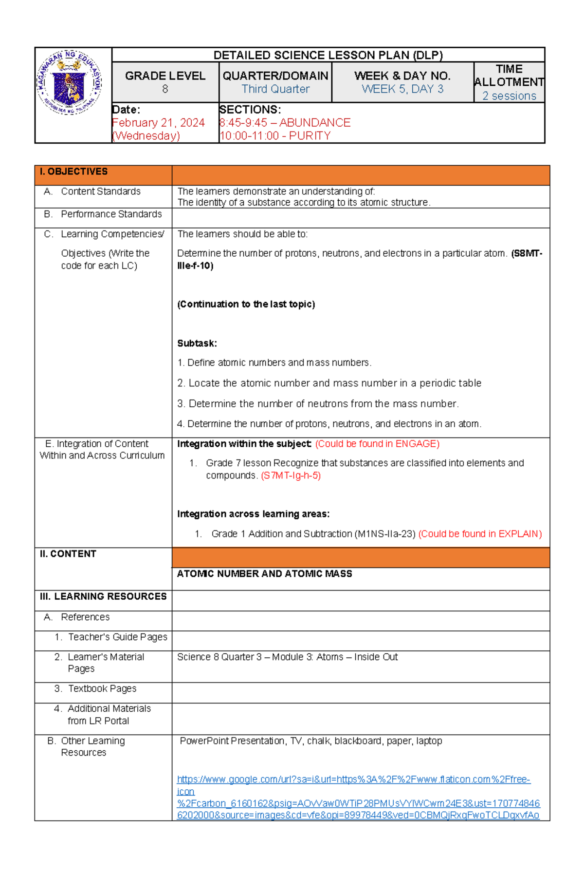 Atomic Number AND Atomic MASS - DETAILED SCIENCE LESSON PLAN (DLP ...