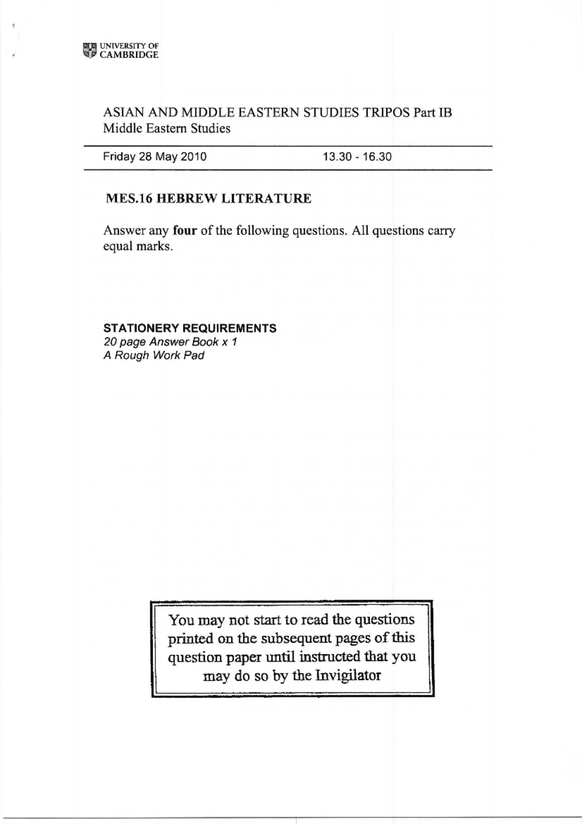 Exam 2010, questions - UNIVERSITY OF CAMBRIDGE ASIAN AND MIDDLE EASTERN ...