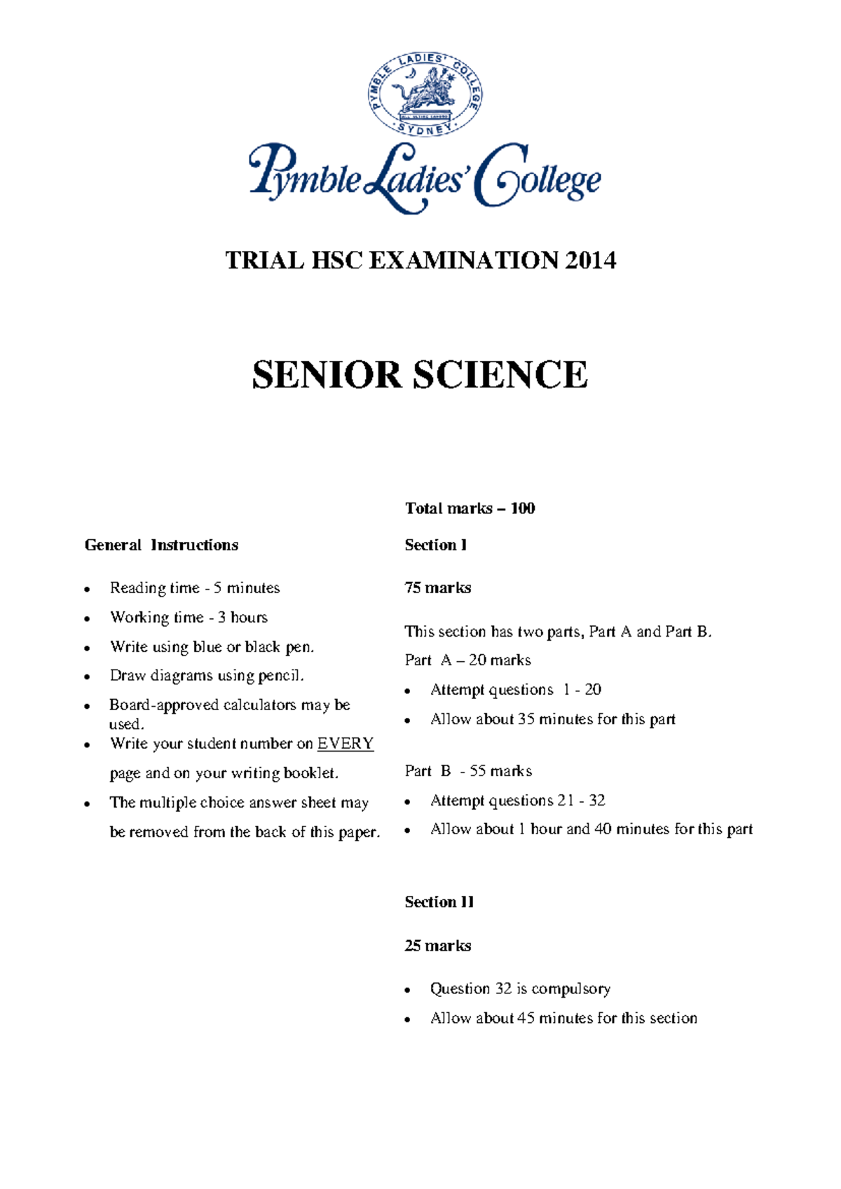 Pymble 2014 Senior Science Trials & Solutions - TRIAL HSC EXAMINATION ...