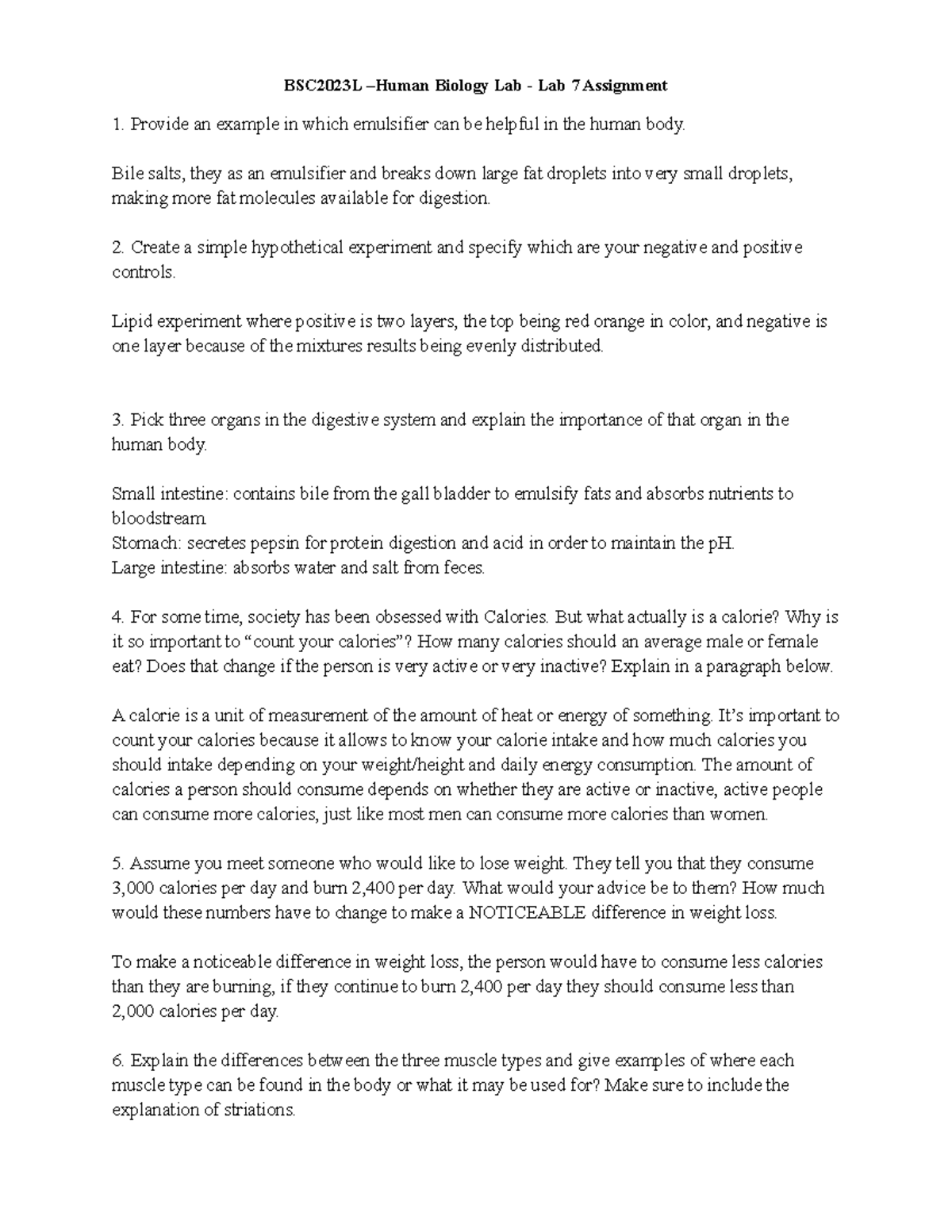 Assignment 6 Updated - BSC2023L –Human Biology Lab - Lab 7 Assignment ...