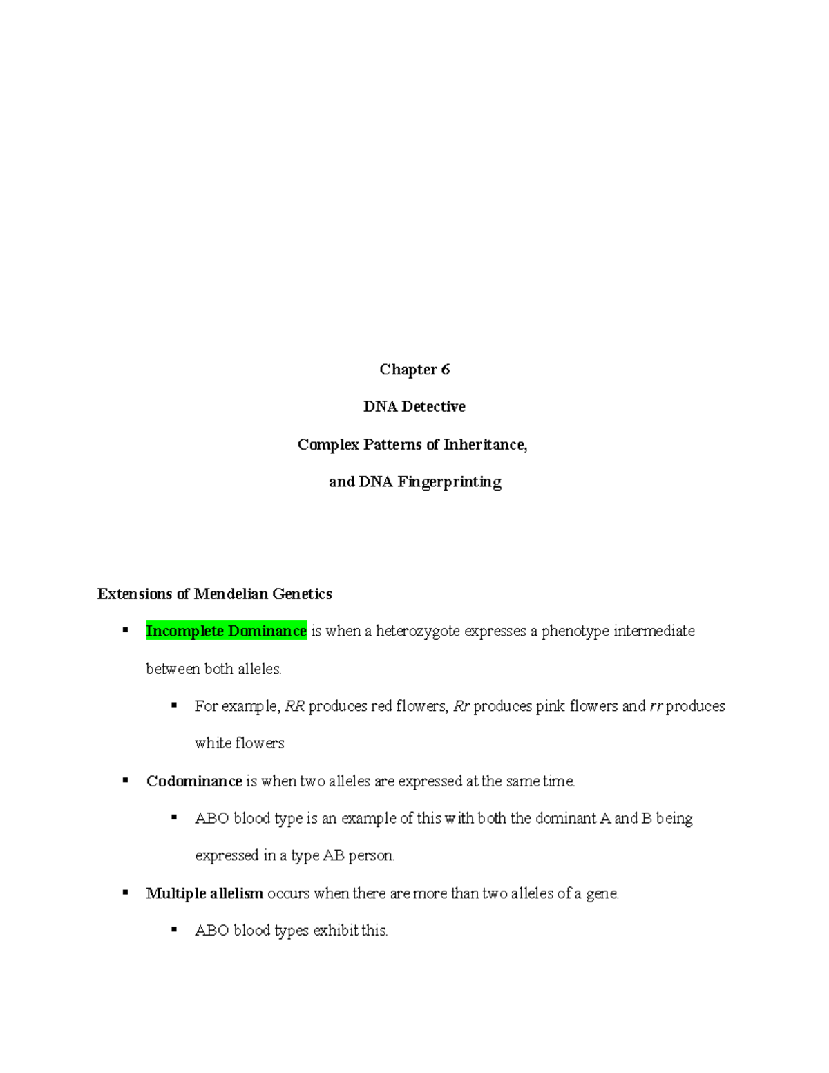 Chapter 6 - Chapter 6 DNA Detective Complex Patterns of Inheritance, and DNA Fingerprinting ...